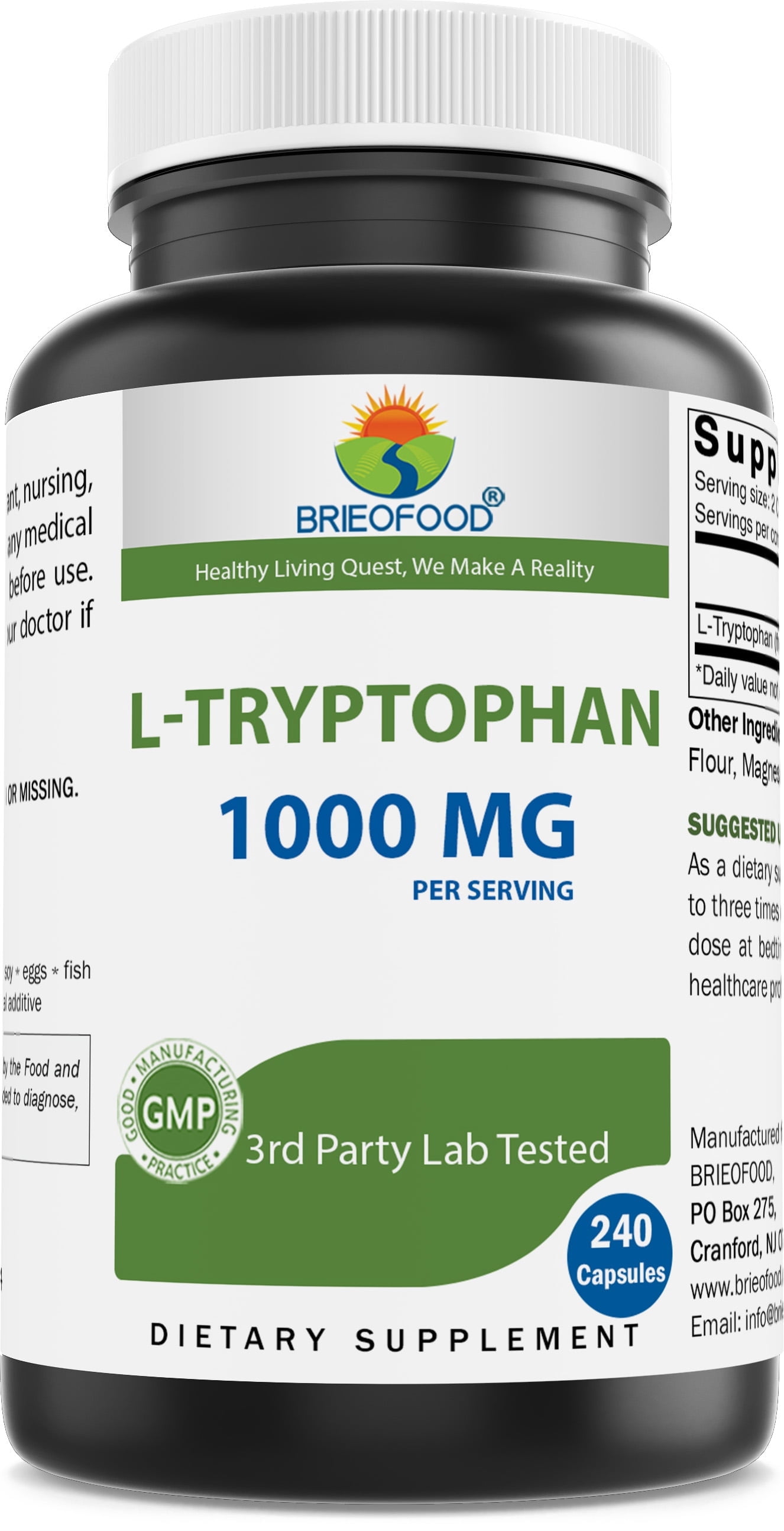 Brieofood L-Tryptophan 1000mg per Serving - 240 Capsules - Supports ...