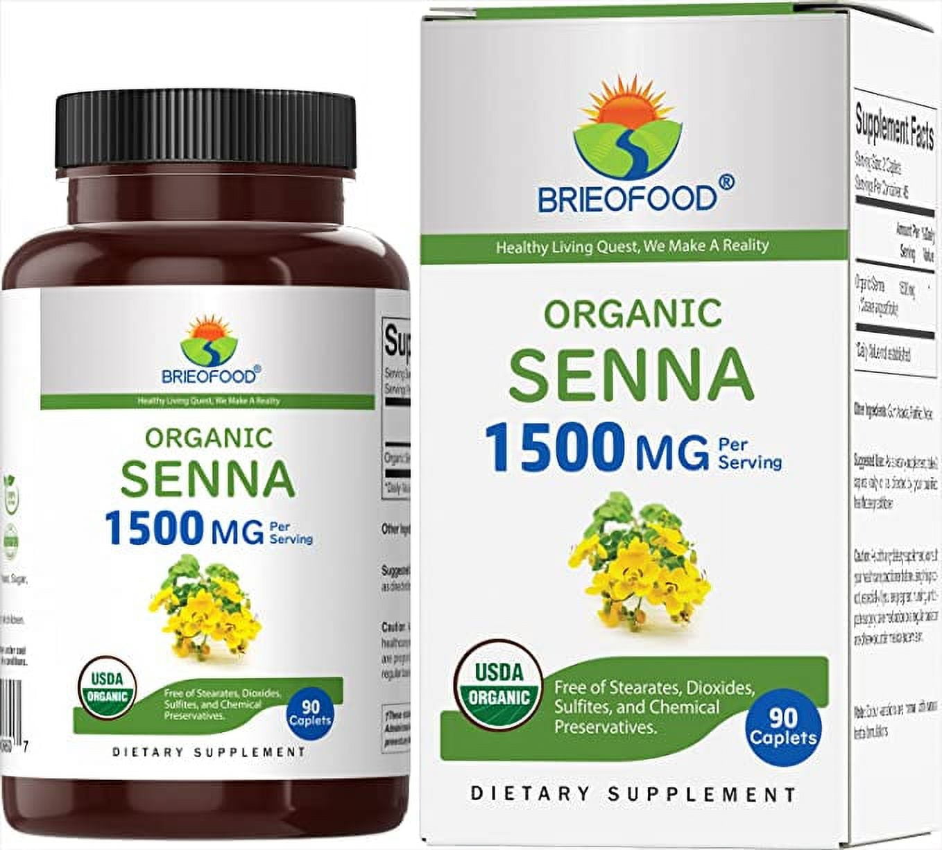 Brieofood Organic Senna 1500mg, 90 Vegetarian Tablets, 45 Servings ...