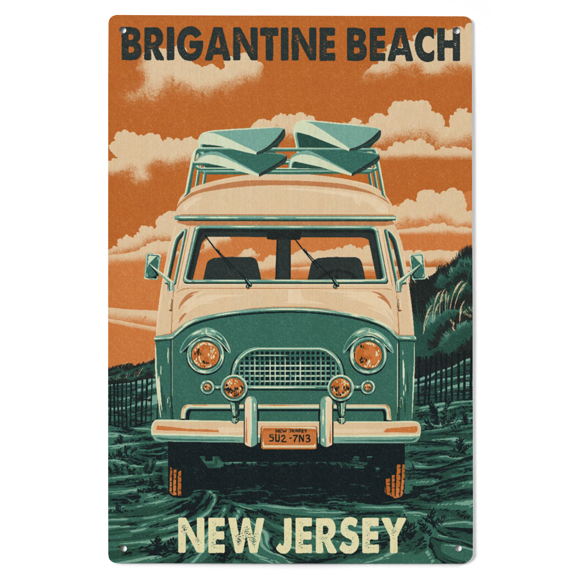 Brigantine Beach, New Jersey, Letterpress, Camper Van Birch Wood Wall ...