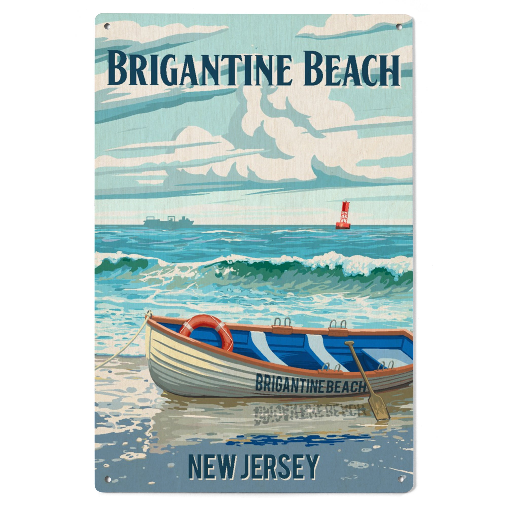 Brigantine Beach, New Jersey, Lifeboat on Beach Birch Wood Wall Sign ...