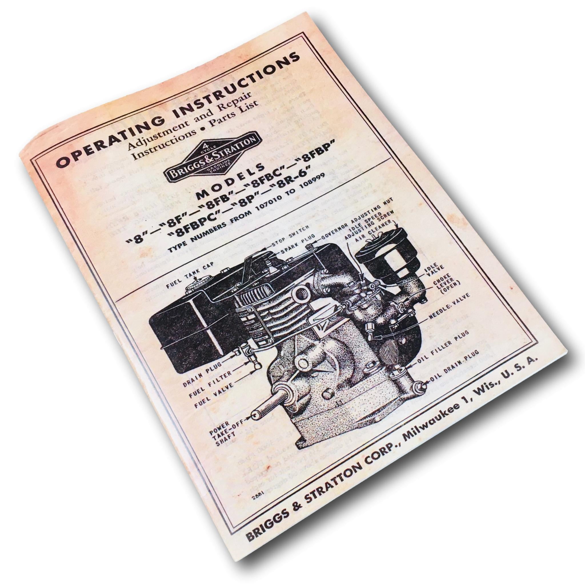 Briggs & Stratton Model 8 Repair Manual Parts Owners Service Operators ...