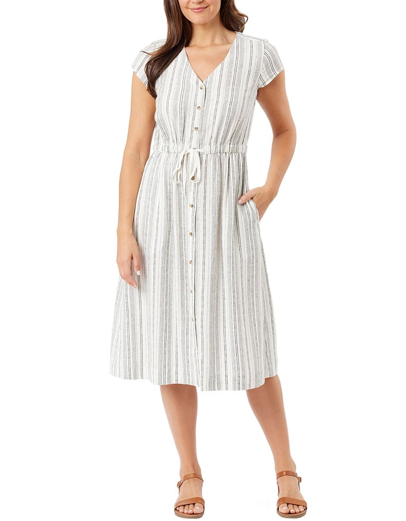 Briggs Women's Linen Blend Dress with Drawstring Waist (Cream Stripe ...