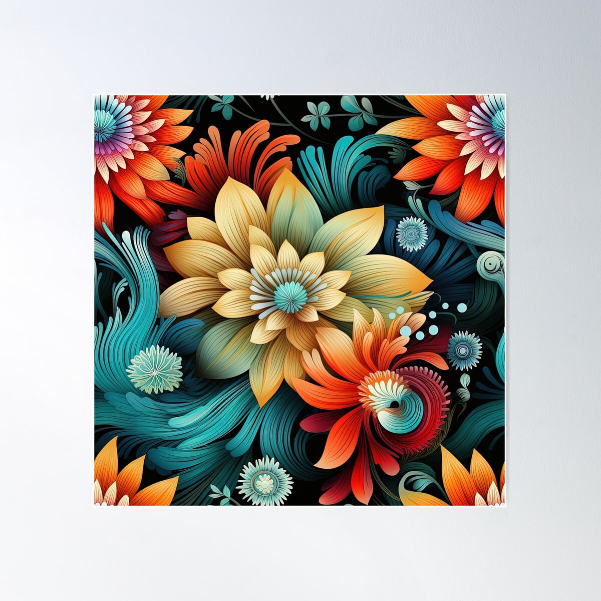 Bright Art-Deco Autumnal Sidney Maws Style Floral Pattern Poster Wall Art, Modern Wall Decor For ...