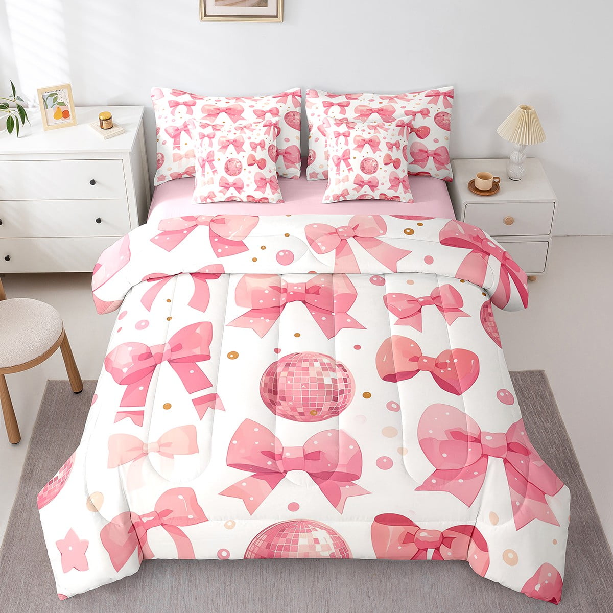 YST Bright Ball Bedding Set King Size 7 Piece, Cartoon Bow Knot Bed Set ...