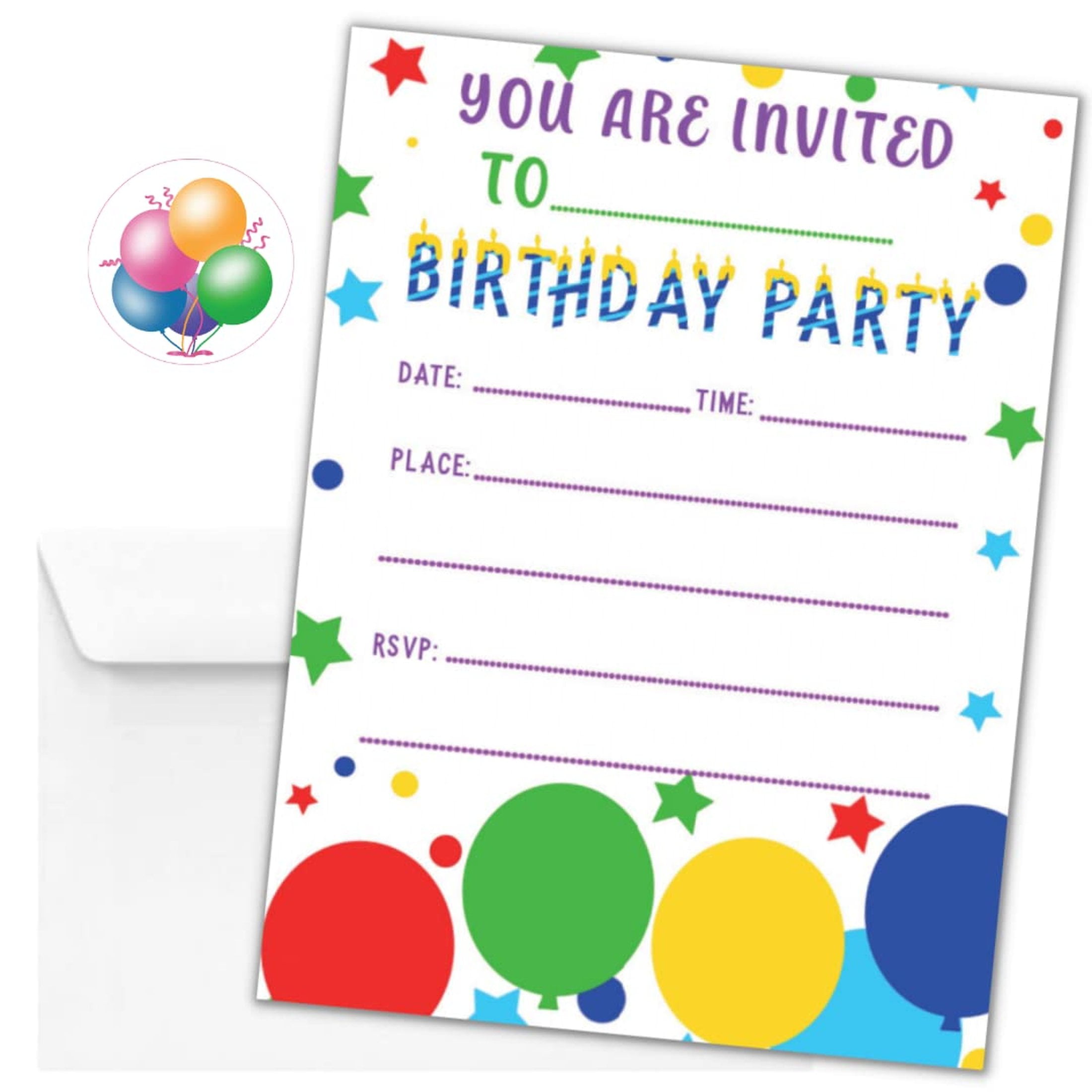 Bright Balloon Bash Kids Birthday Invitations Set with Envelopes and ...