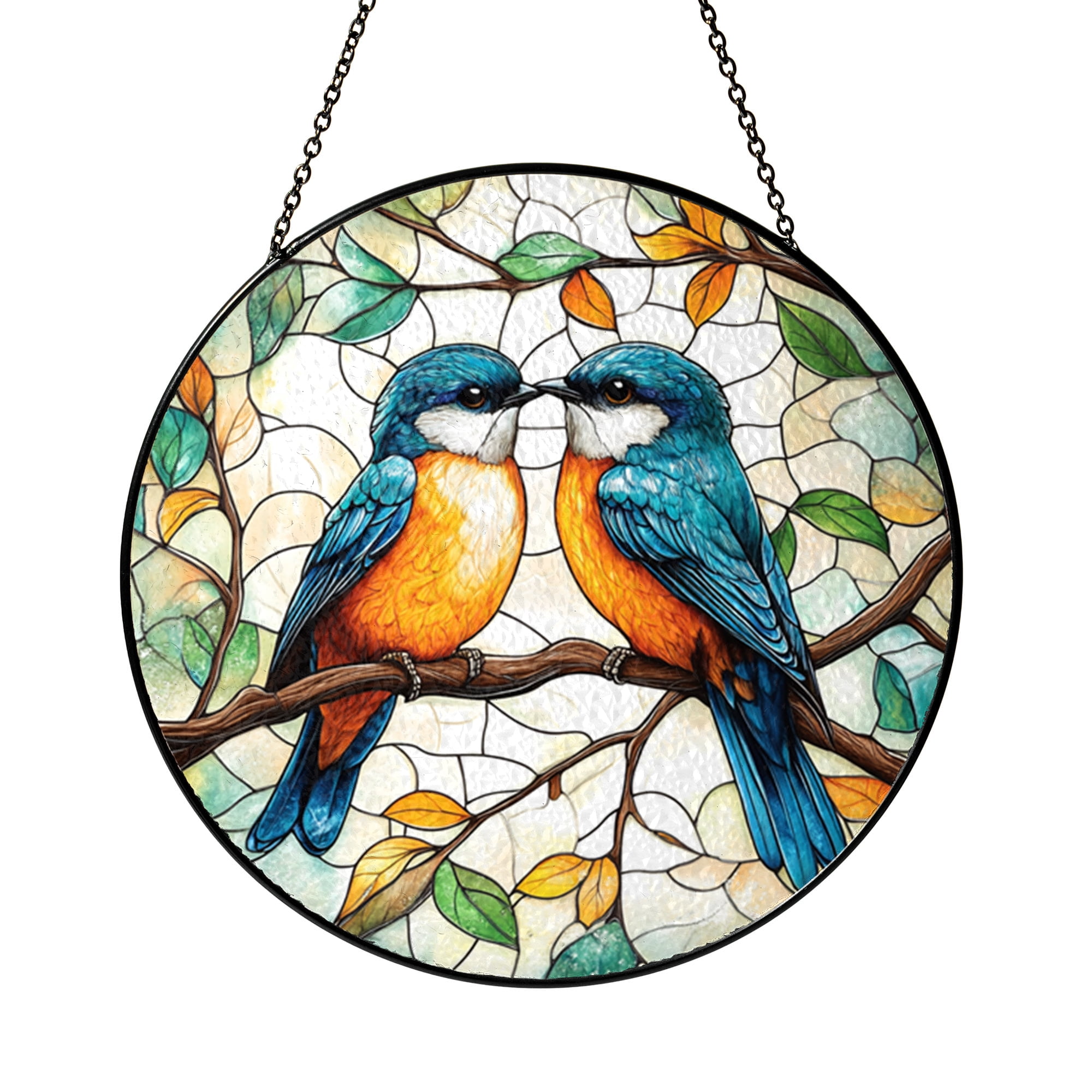 Bright Birds Tree Scene Stained Glass Window Hanging, Decorative Nature ...