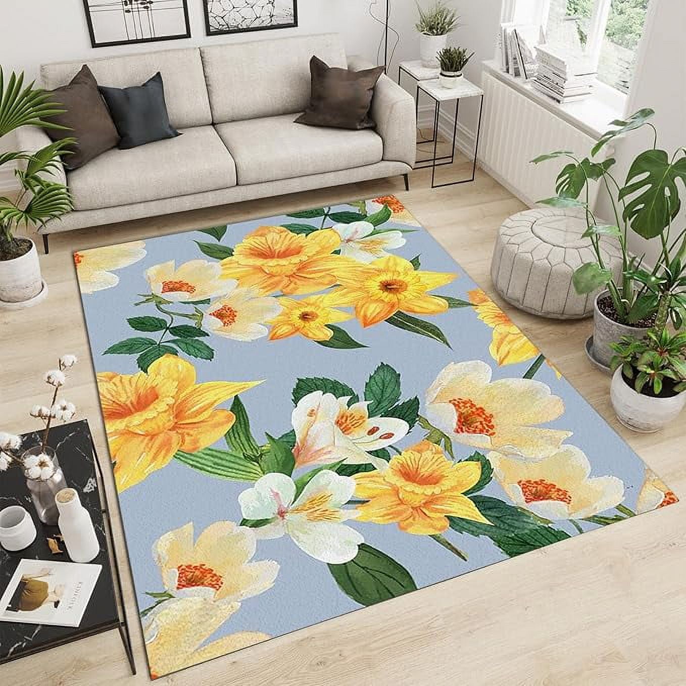 Bright Blooming Yellow Flowers Living Room Rug, Modern Plants Printed ...