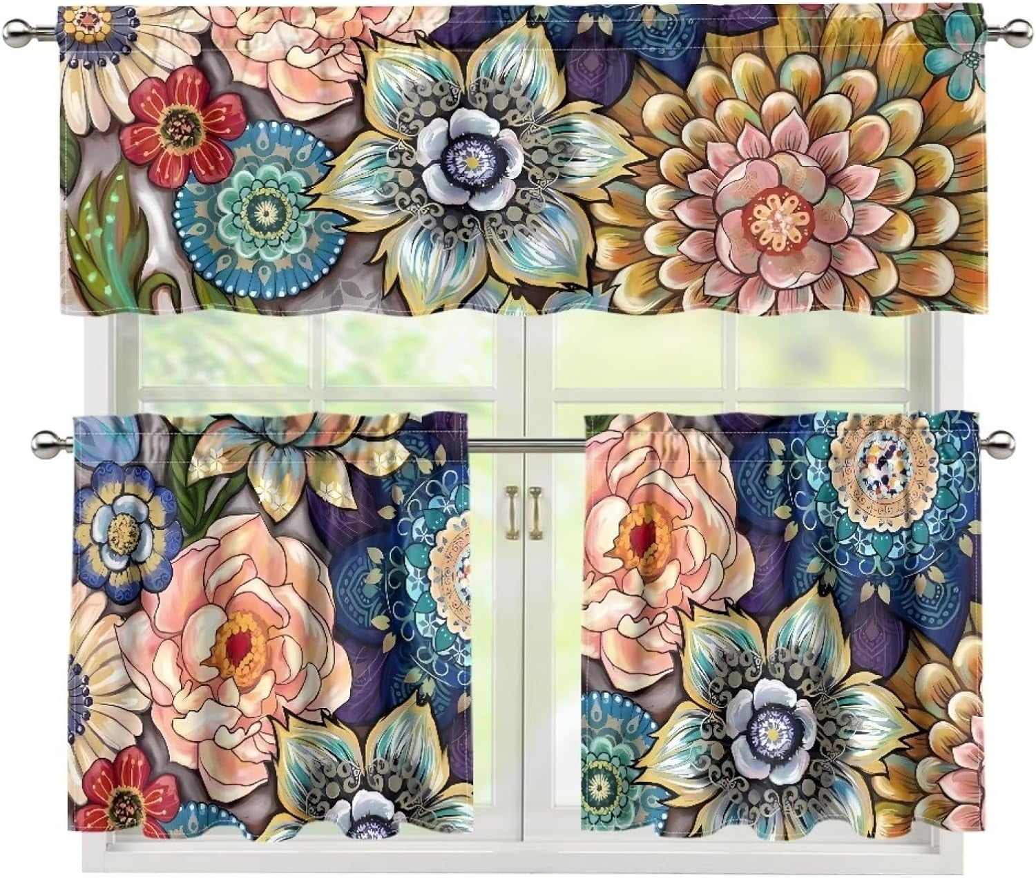 Bright Blossoms Kitchen Curtain Valance Set 3PCS Window Curtain Tiers ...