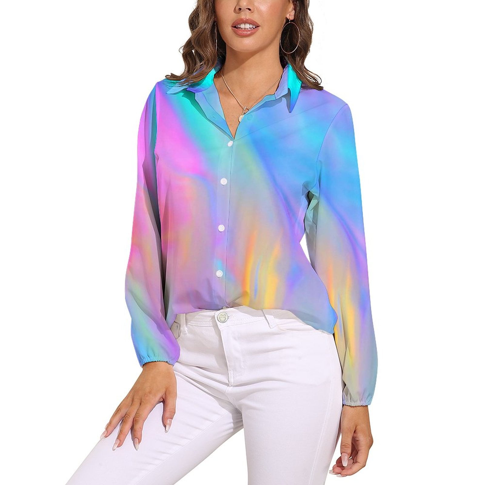 Bright Blouse Long-Sleeve Colorful Stripes Print Office Work Blouses ...