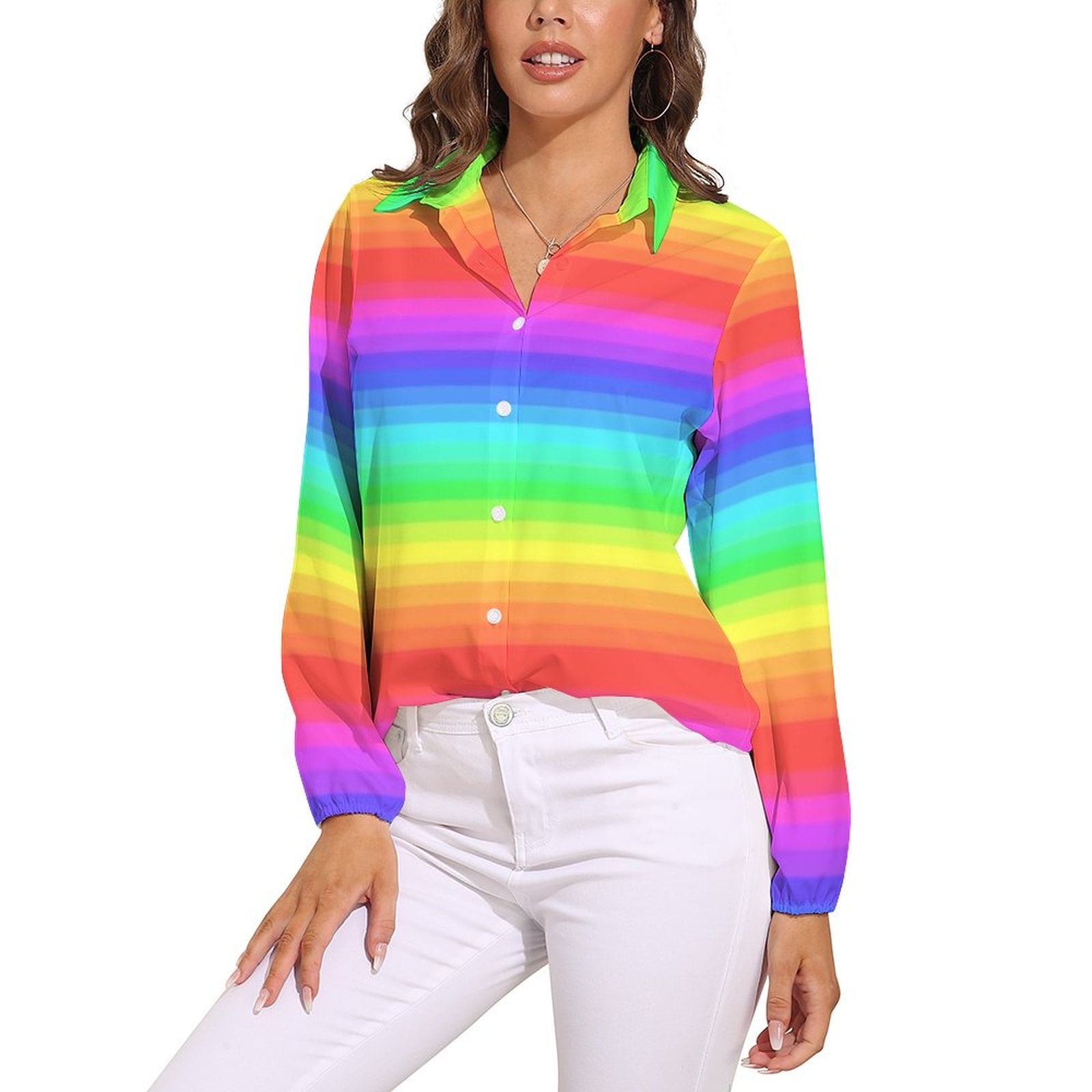 Bright Blouse Long-Sleeve Colorful Stripes Print Office Work Blouses ...