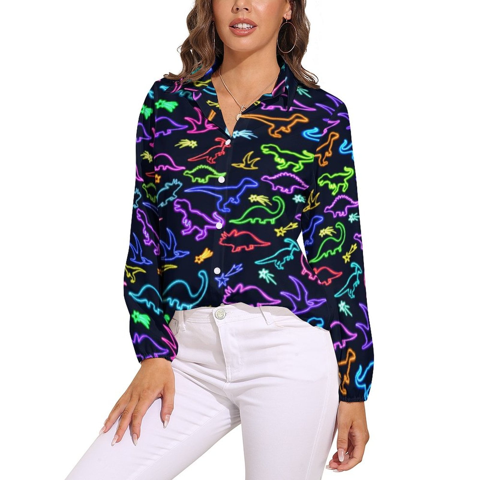 Bright Blouse Long-Sleeve Colorful Stripes Print Office Work Blouses ...
