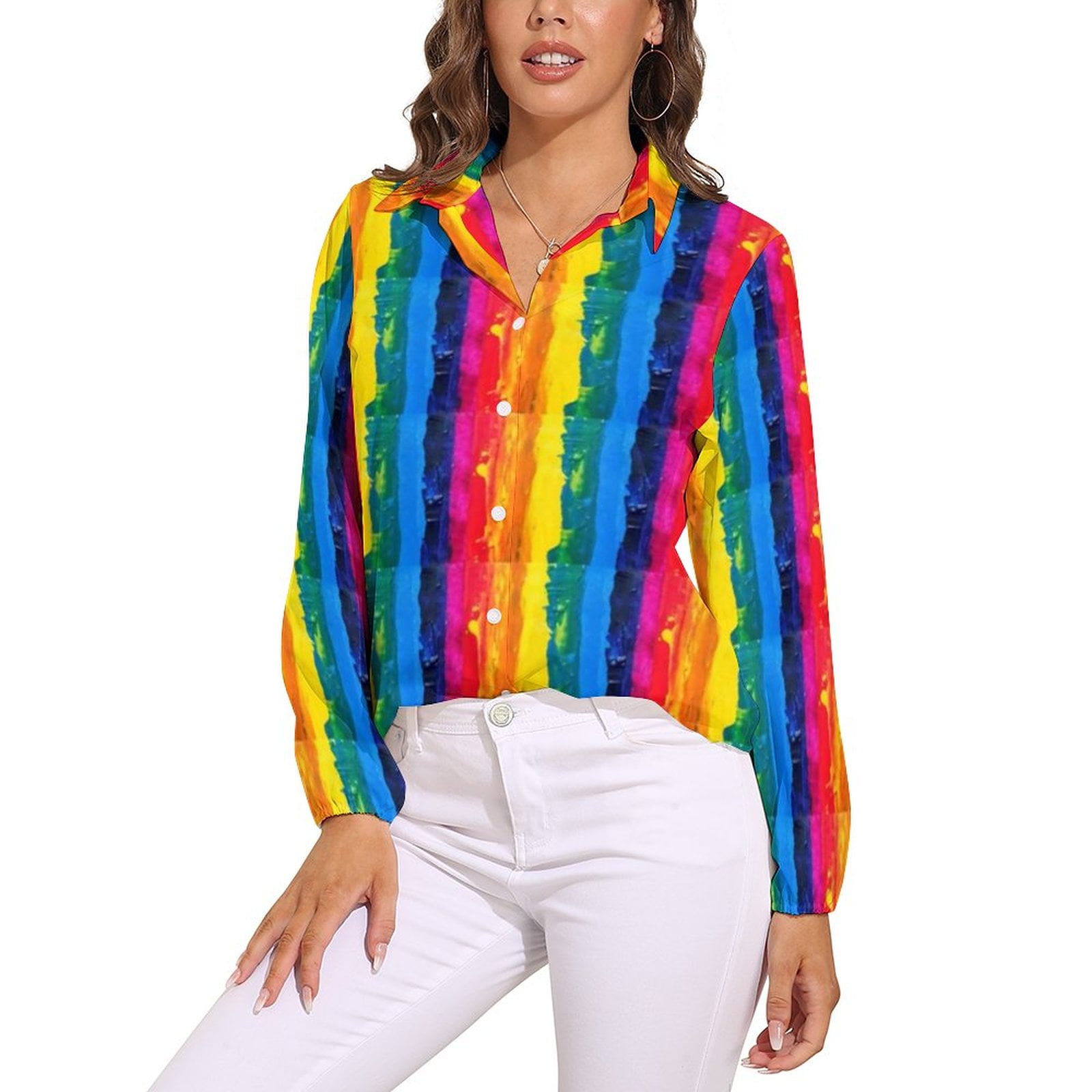 Bright Blouse Long-Sleeve Colorful Stripes Print Office Work Blouses ...