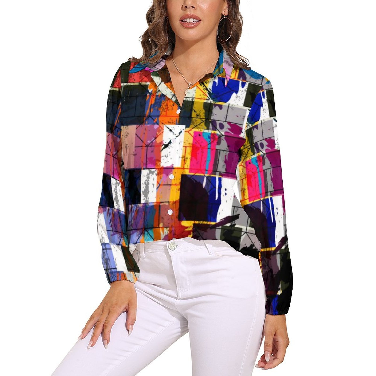 Bright Blouse Long-Sleeve Colorful Stripes Print Office Work Blouses ...