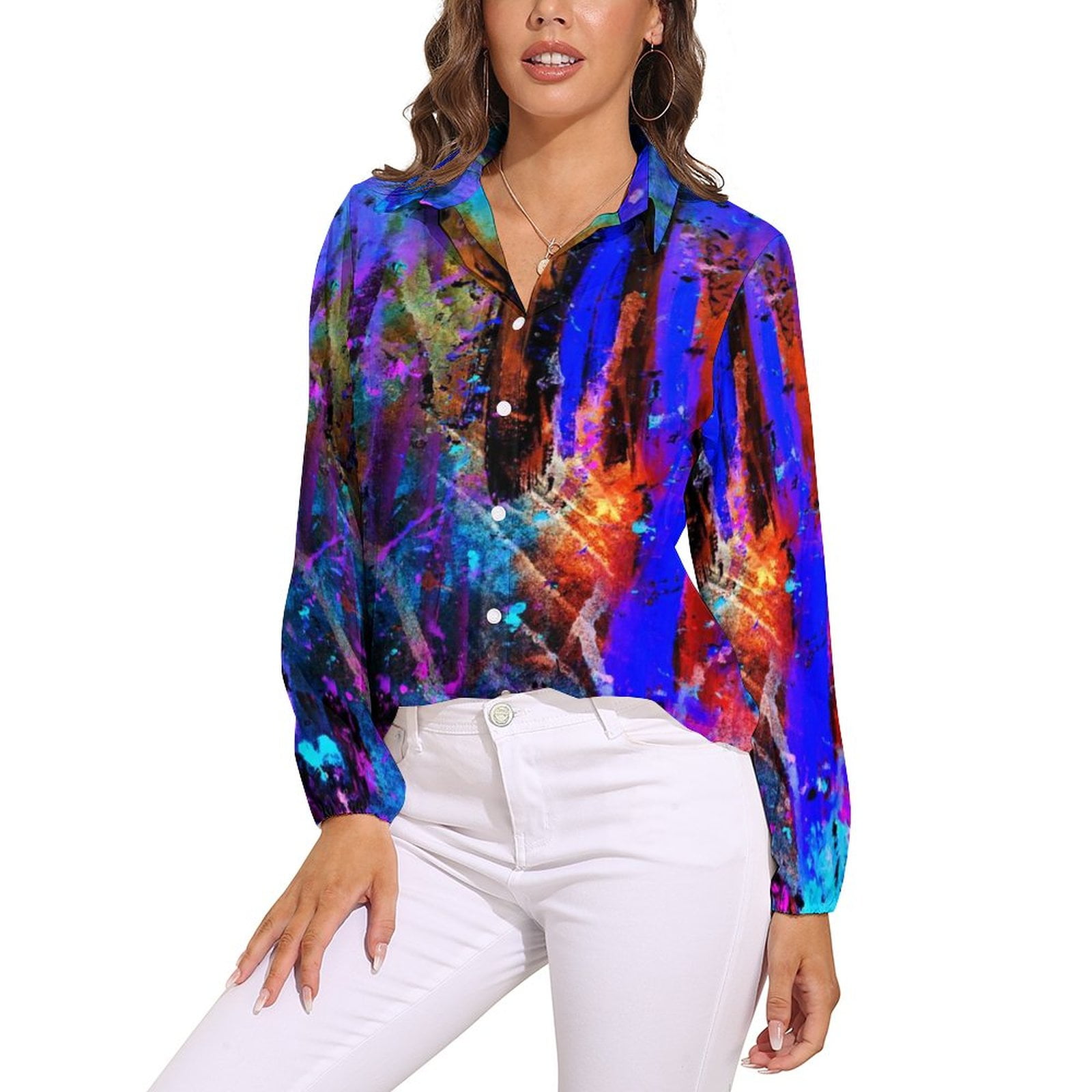 Bright Blouse Long-Sleeve Colorful Stripes Print Office Work Blouses ...