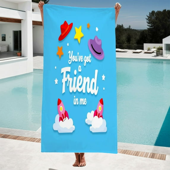 Bright Blue Beach Towel with Playful Stars Red & Purple Hats and Pink ...