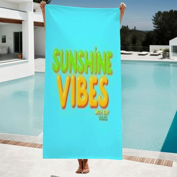 Bright Blue Beach Towel with " SUNSHINE VIBES " in Bold Green & Orange Perfect for Pool Travel ...