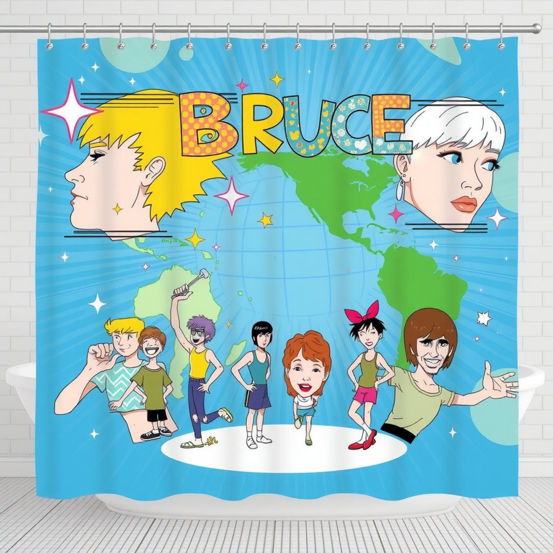 Bright Blue Cartoon World Map Shower Curtain with 'Bruce' & Cheerful ...