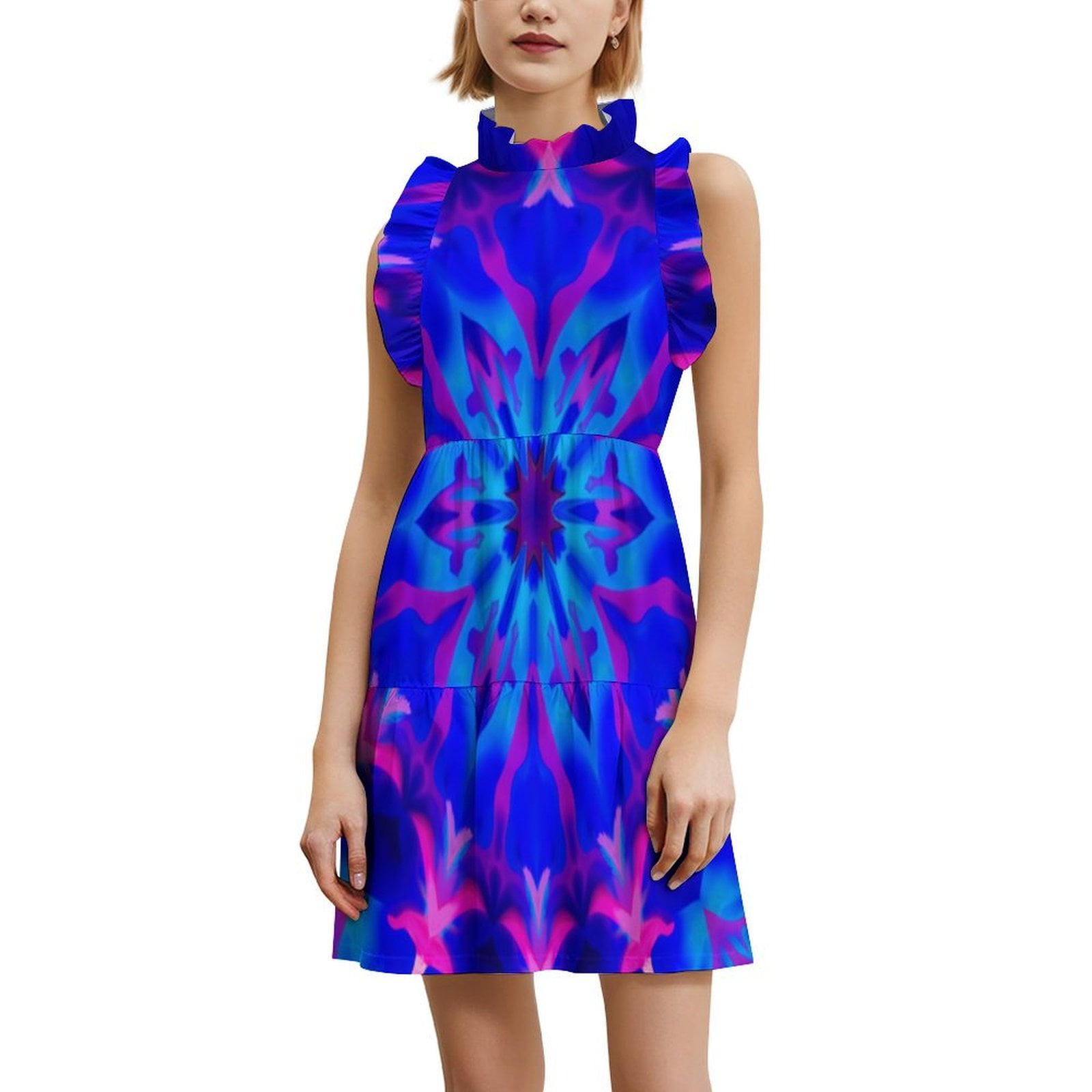 Bright Blue Floral Pattern Women's Fashion Casual Dress Summer Stand Up ...