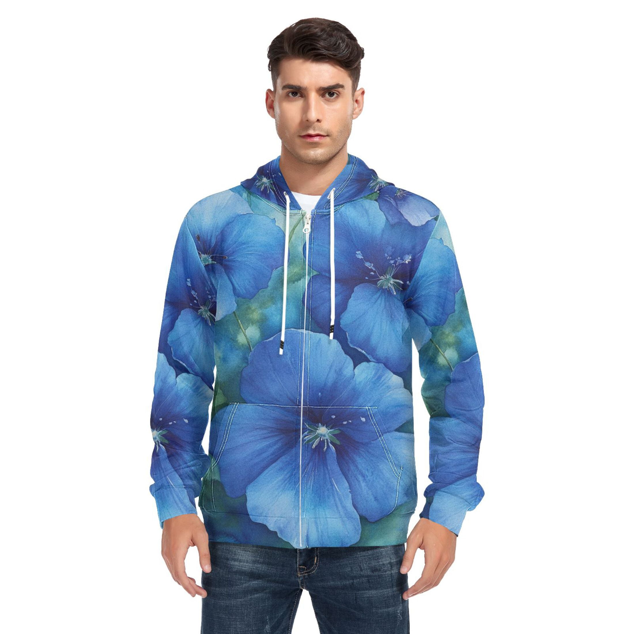 Bright Blue Flowers Men’s Hoodies Sweatshirt with Full Zip Pockets ...
