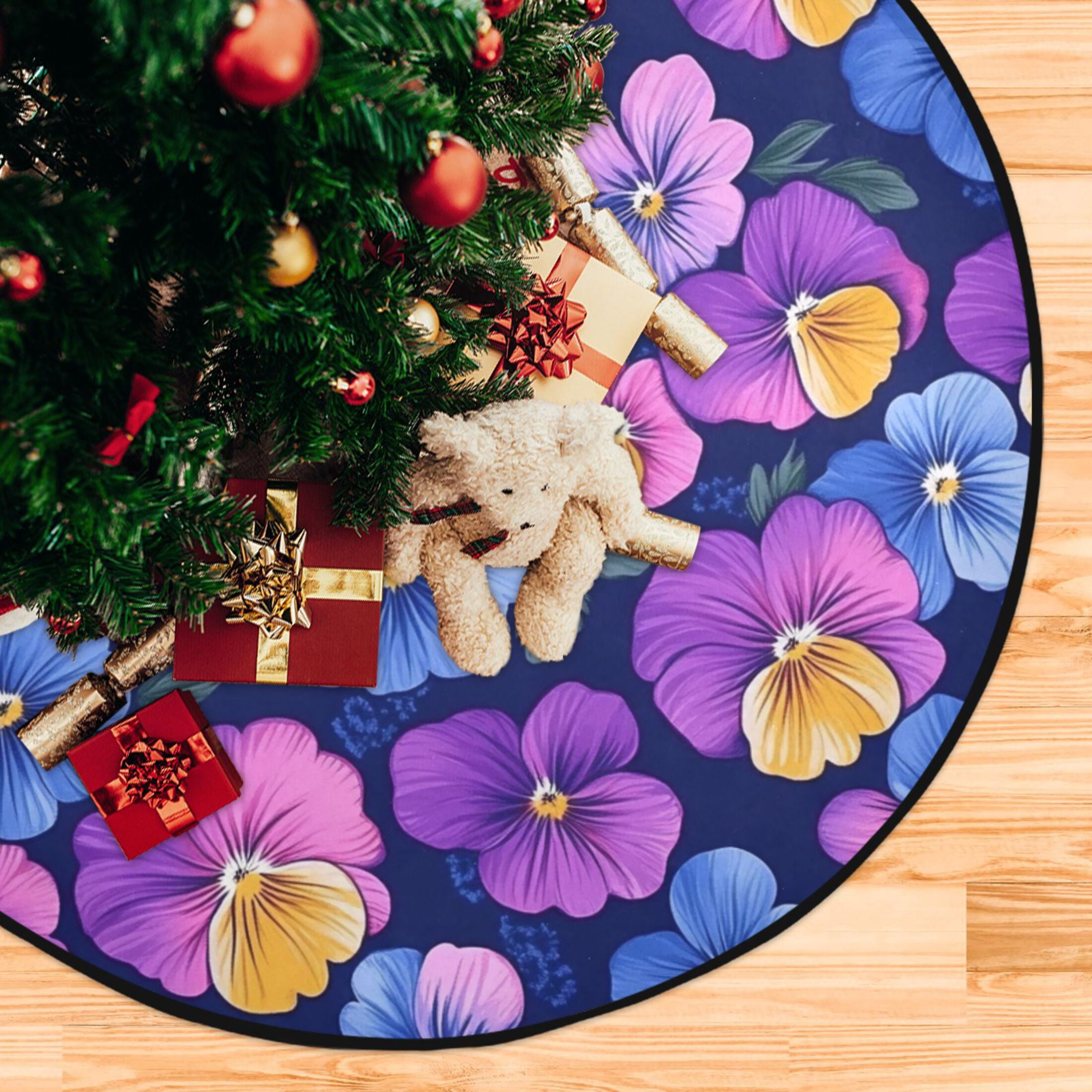 Bright Blue Purple Pansy Christmas Tree Stand Mat Waterproof Floor ...