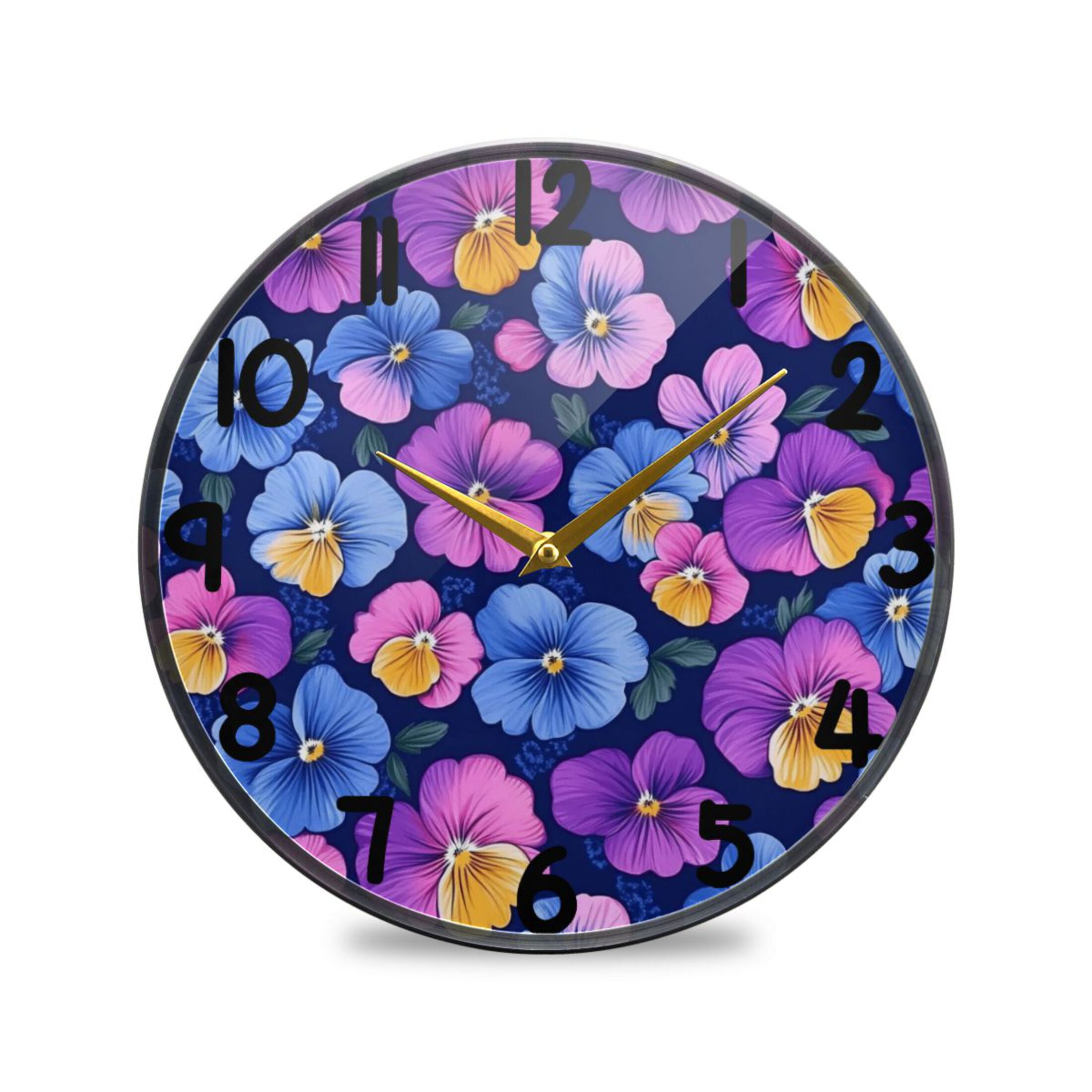 Bright Blue Purple Pansy Round Acrylic Wall Clock Silent Battery ...