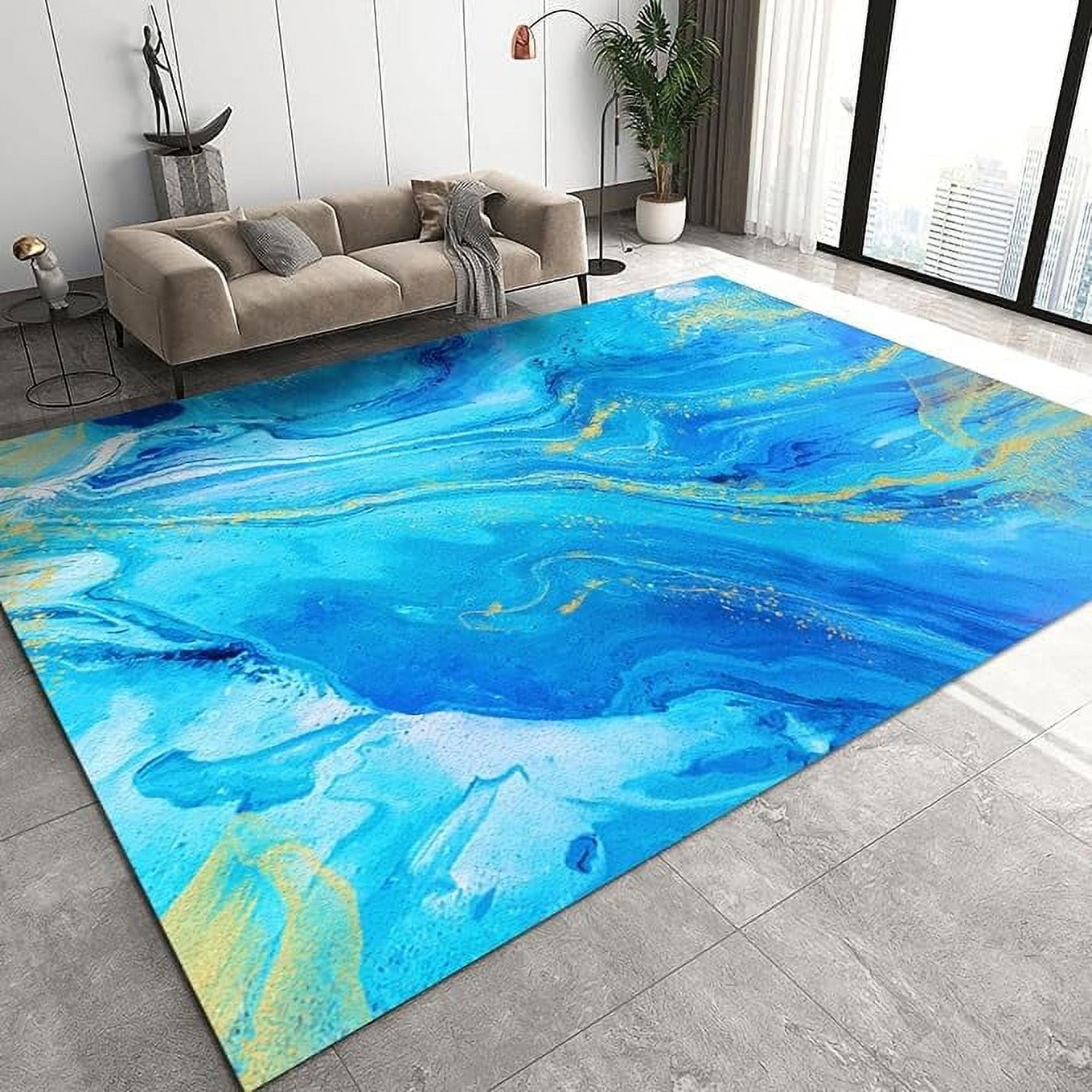 Bright Blue Yellow Striped Area Rug, Oil Painting Splash Ink Style ...