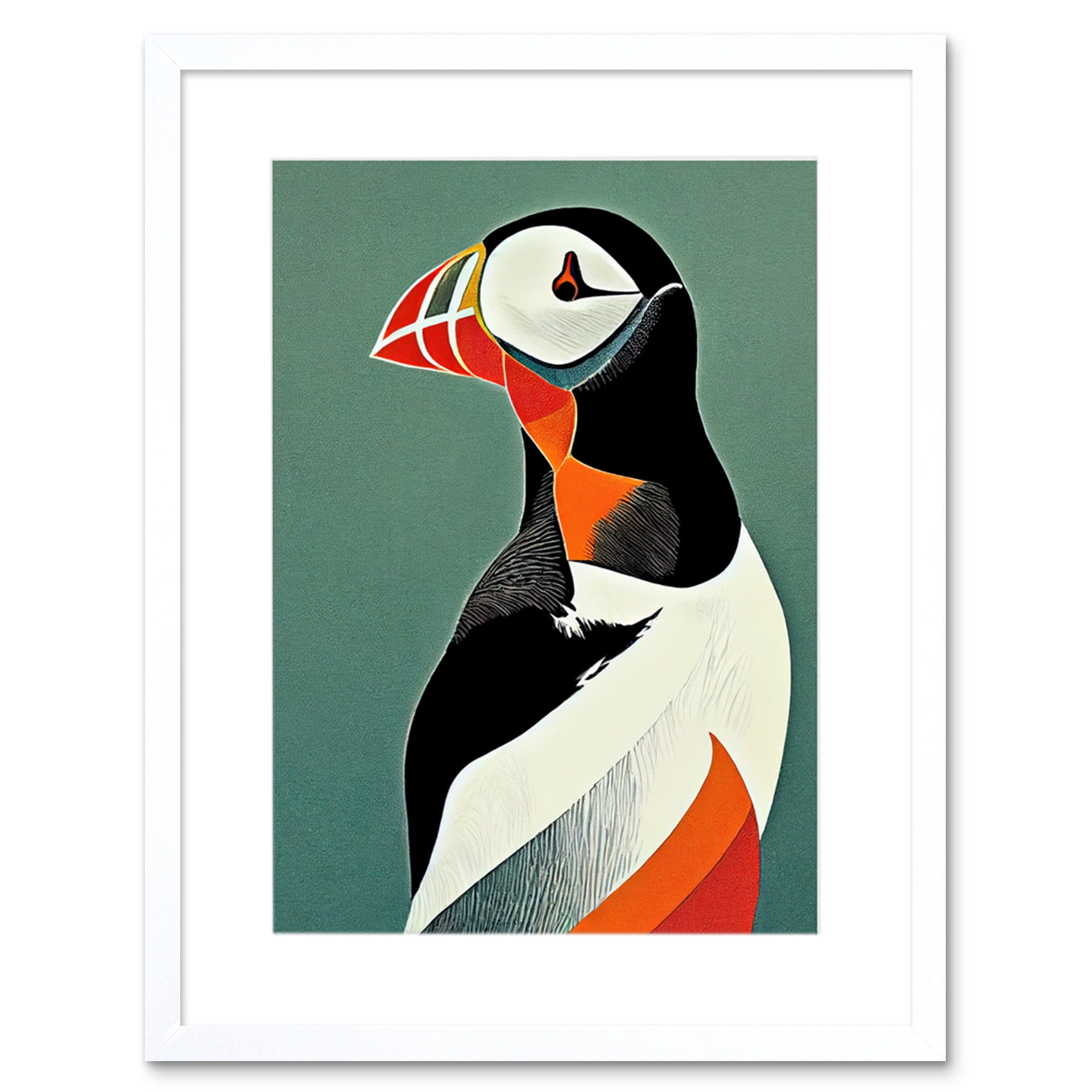 Bright Bold Colourful Atlantic Puffin Bird Portrait Artwork Framed Wall ...