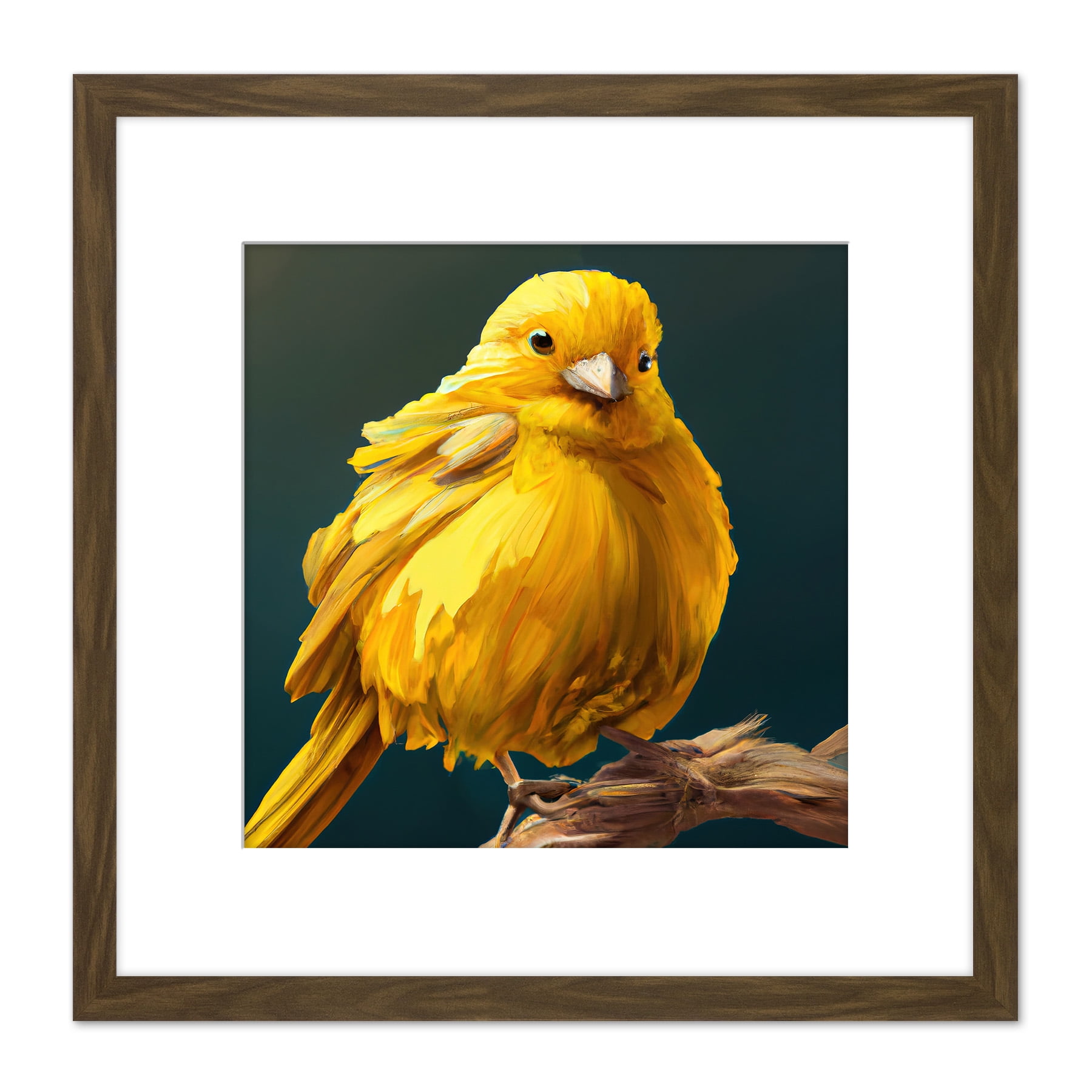 Bright Canary Bird Perched on Branch Yellow Oil Painting Square Wooden ...