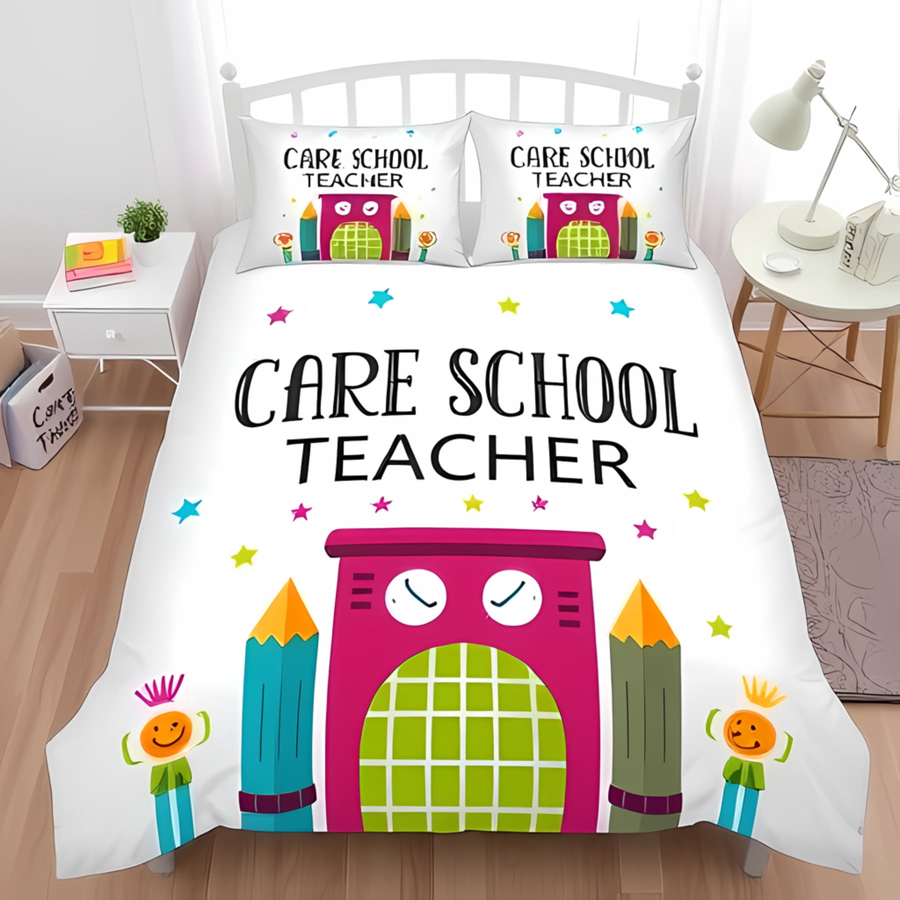 Bright & Cheerful 3-Piece Duvet Cover Set "CARE SCHOOL TEACHER" Design ...
