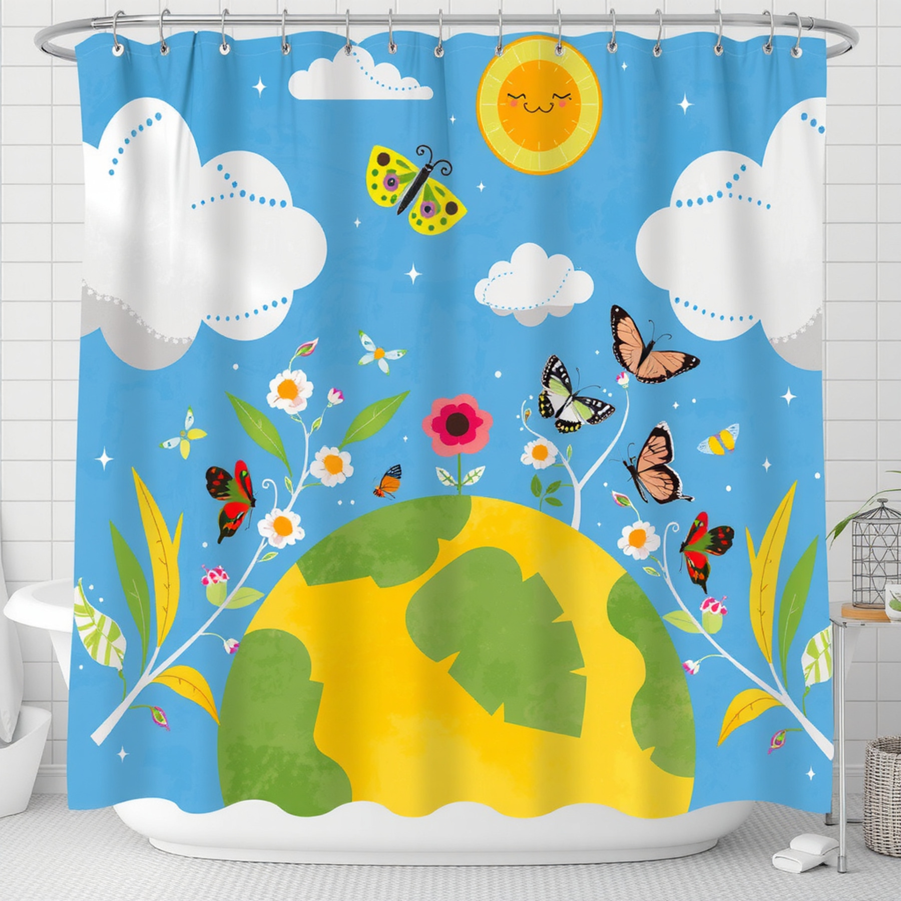 Bright & Cheerful Earth-Themed Shower Curtain with Butterflies ...