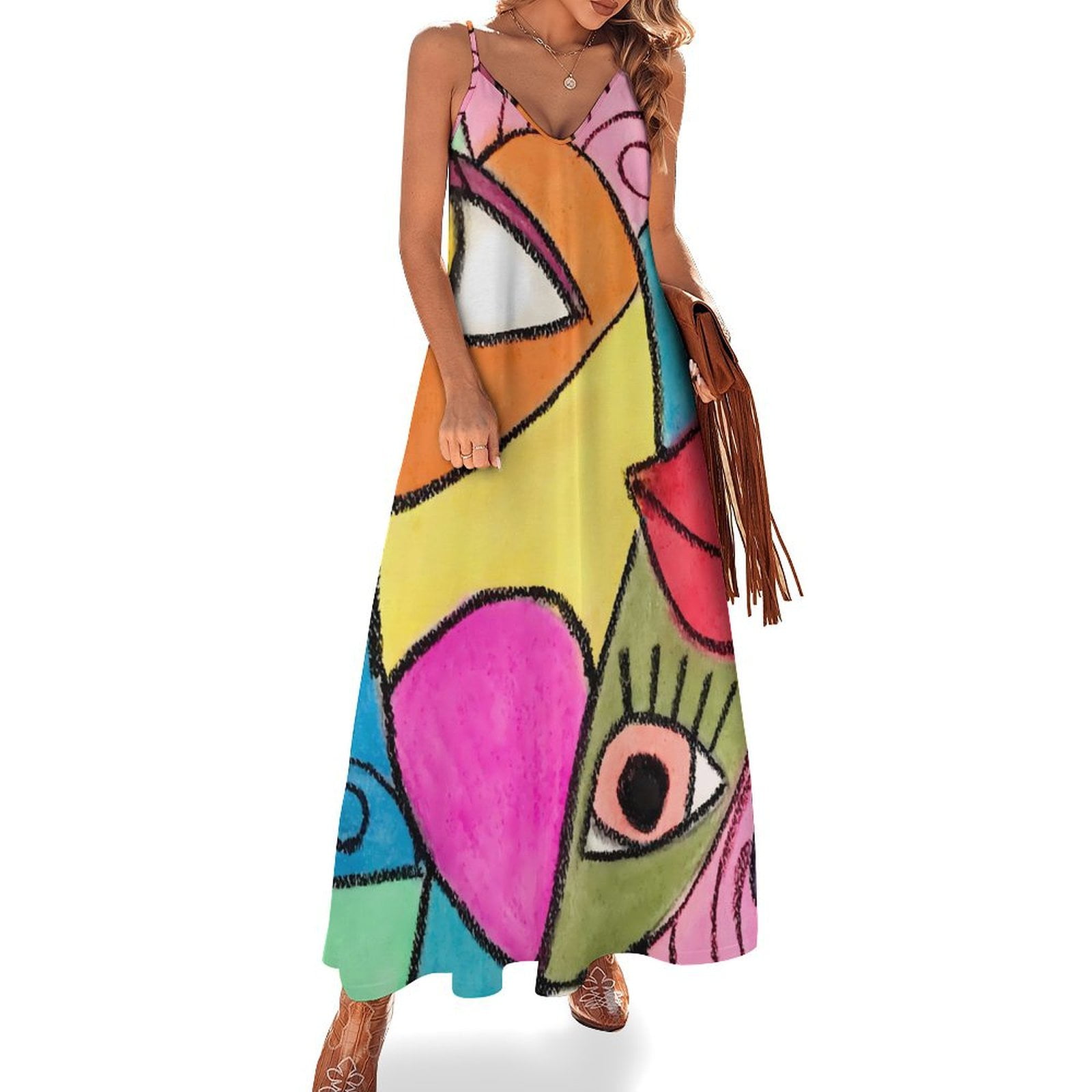 Bright Color Block Dress Geometric Aesthetic Bohemia Long Dresses ...