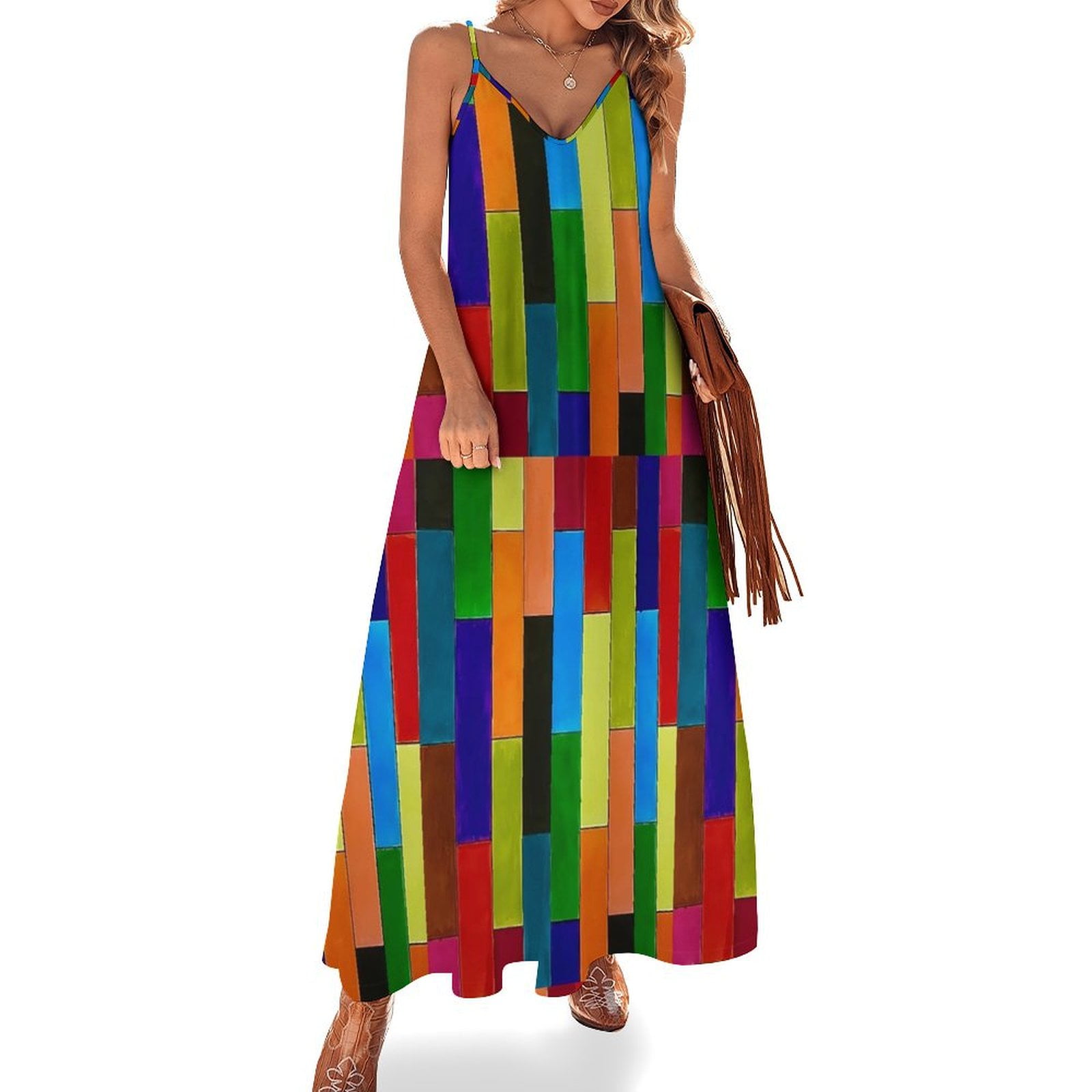 Bright Color Block Dress Geometric Aesthetic Bohemia Long Dresses ...