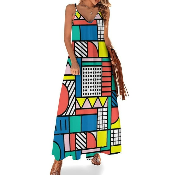 Bright Color Block Dress Geometric Aesthetic Bohemia Long Dresses ...