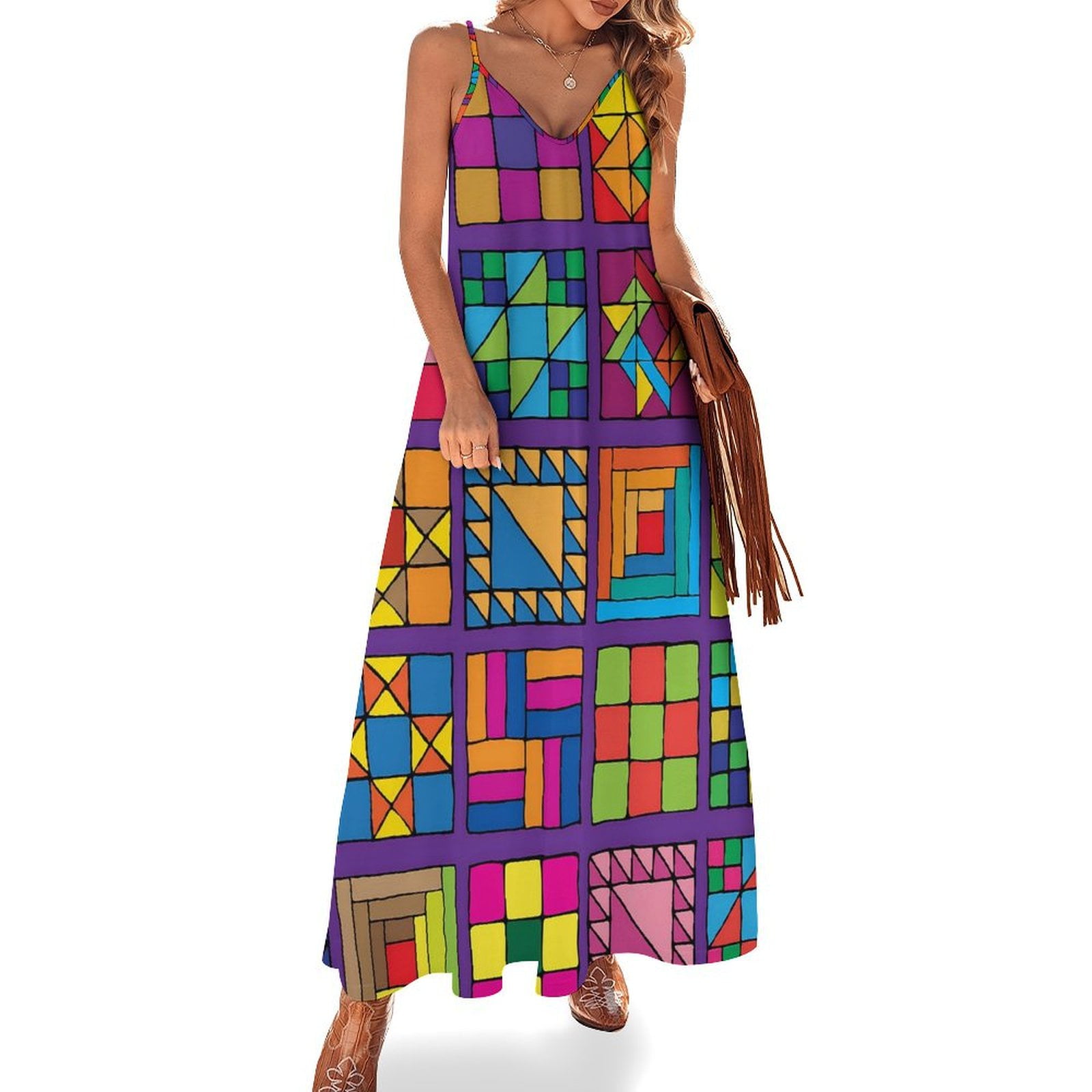 Bright Color Block Dress Geometric Aesthetic Bohemia Long Dresses ...