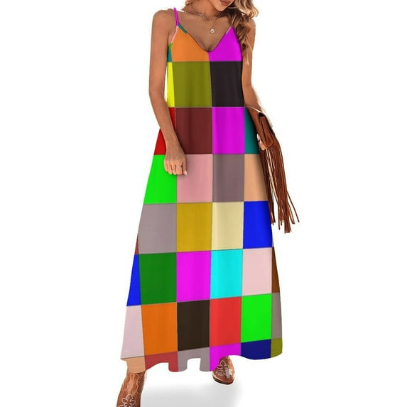 Bright Color Block Dress Geometric Aesthetic Bohemia Long Dresses ...