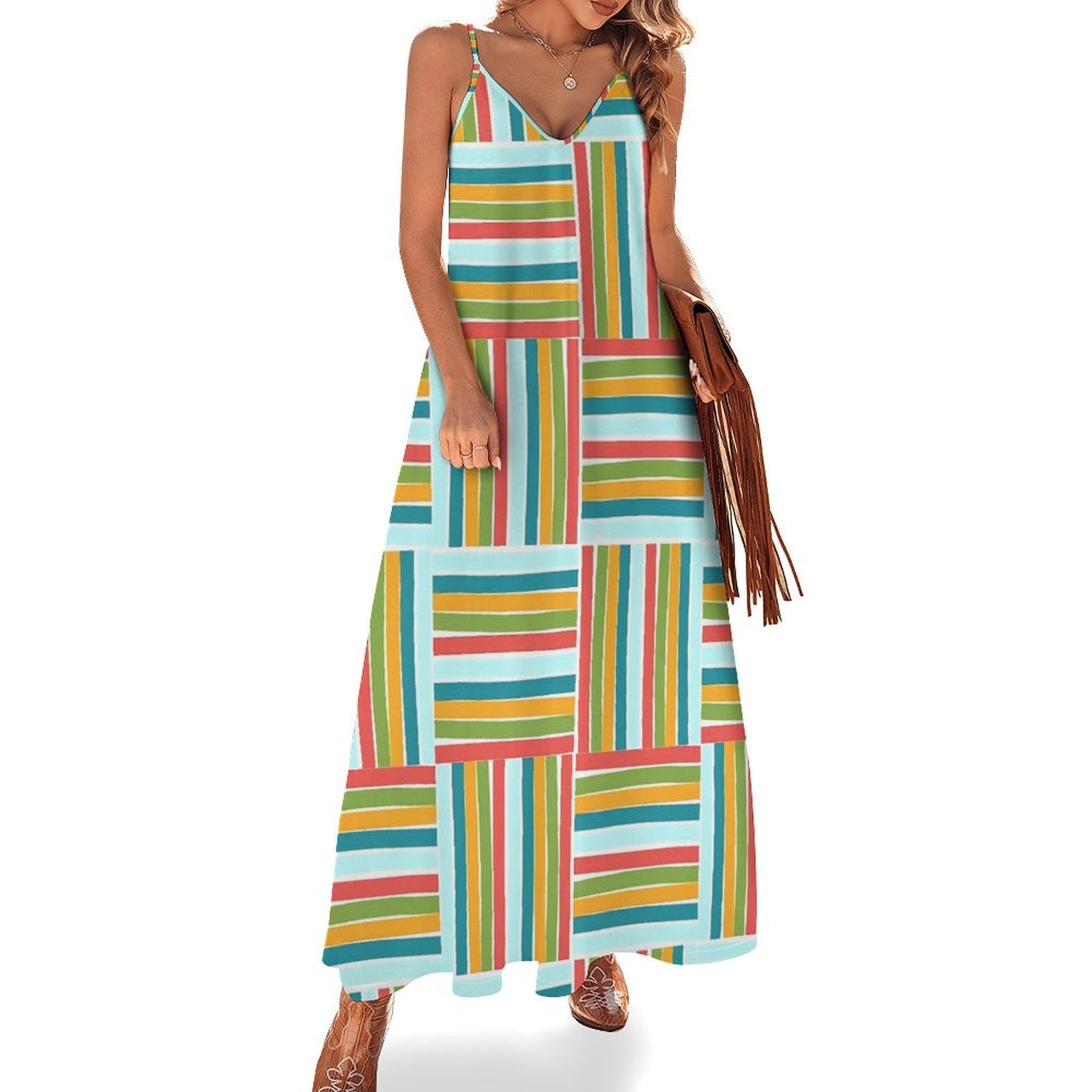 Bright Color Block Dress Geometric Aesthetic Bohemia Long Dresses ...