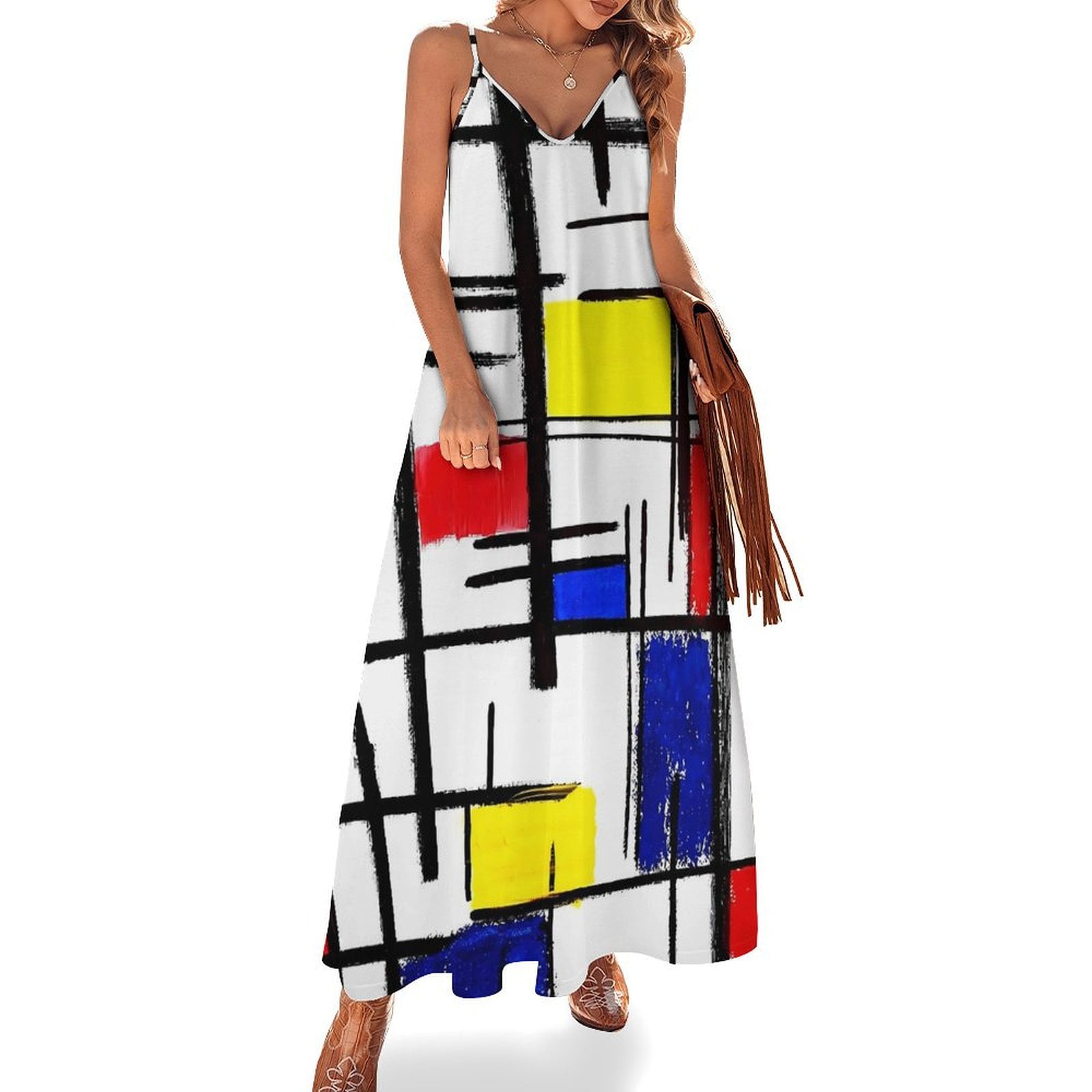 Bright Color Block Dress Geometric Aesthetic Bohemia Long Dresses ...