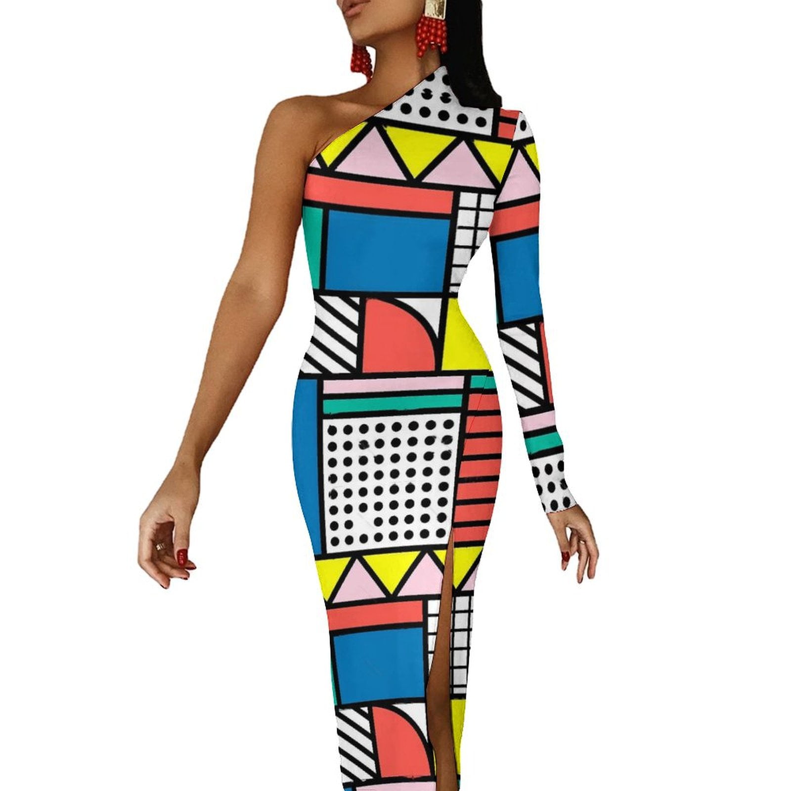 Bright Color Block Long Dress Ladies Geometric Streetwear Maxi Dress ...