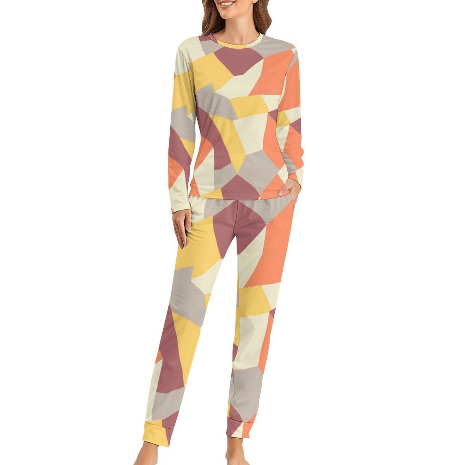 Bright Color Block Pajamas Female Geometric Warm Nightwear Daily Two ...