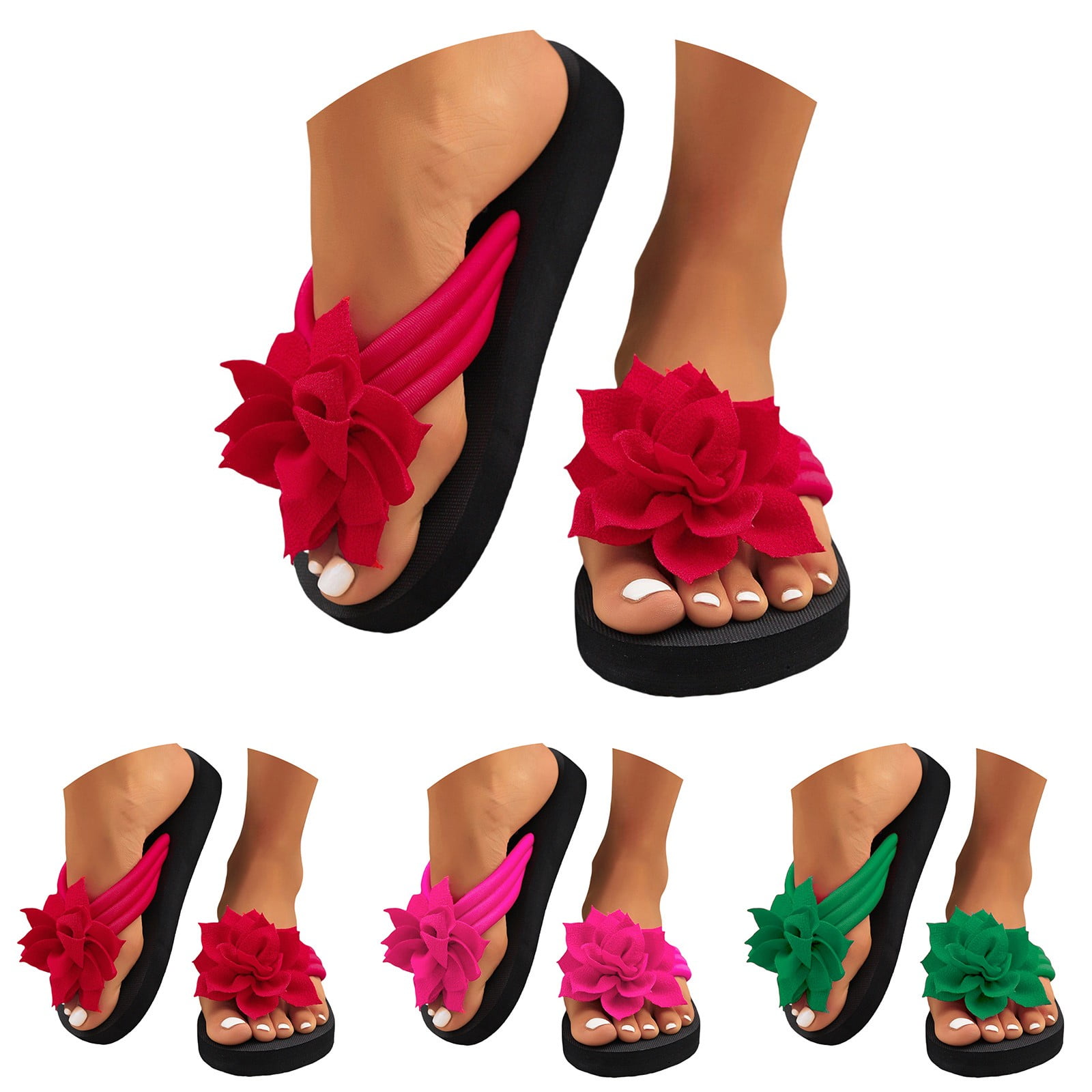 Bright Color Flower Wedge Flip Flops Non-slip Soft Sole Summer Vacation ...