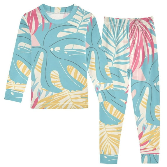 Bright Color Palm Tree Leaves Cotton Pajama Set Long Sleeve Top and ...