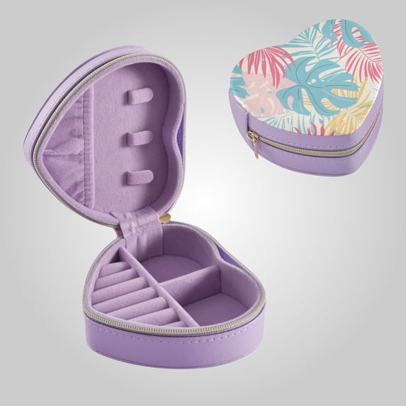 Bright Color Palm Tree Leaves PU Leather Heart-shaped Jewelry Box Jewel ...