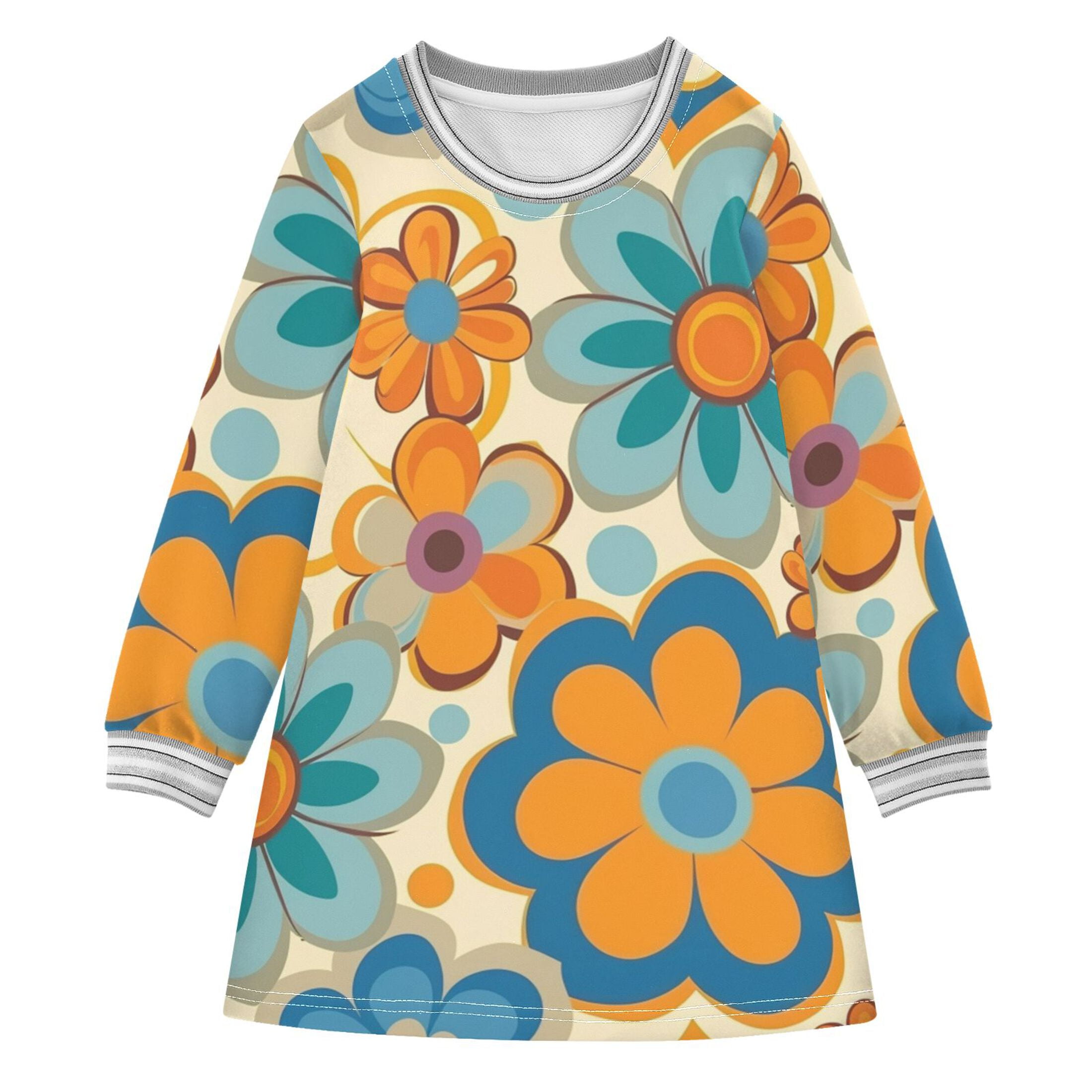Bright Color Retro Groovy Flowers Long-sleeved Dress A-line Dress for 2 ...
