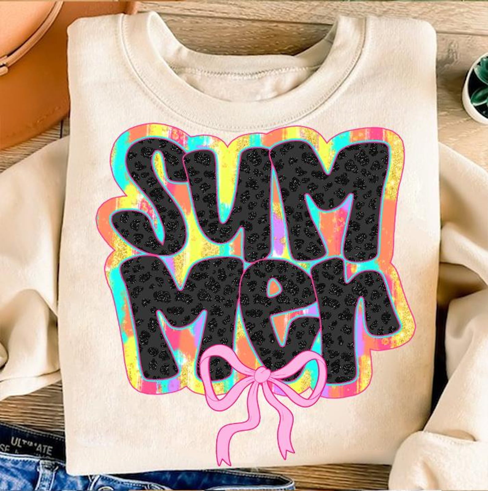 Bright Color Summer Leopard Bow Sweatshirt, Coquette Summer Beach Vibes ...