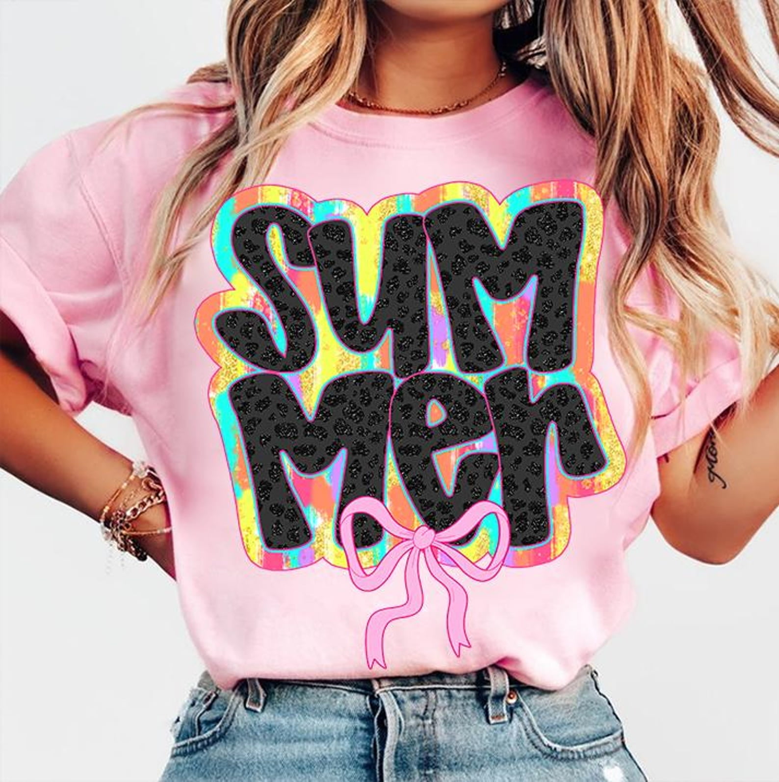 Bright Color Summer Leopard Glitter Coquette Bow Shirt, Summer Beach ...