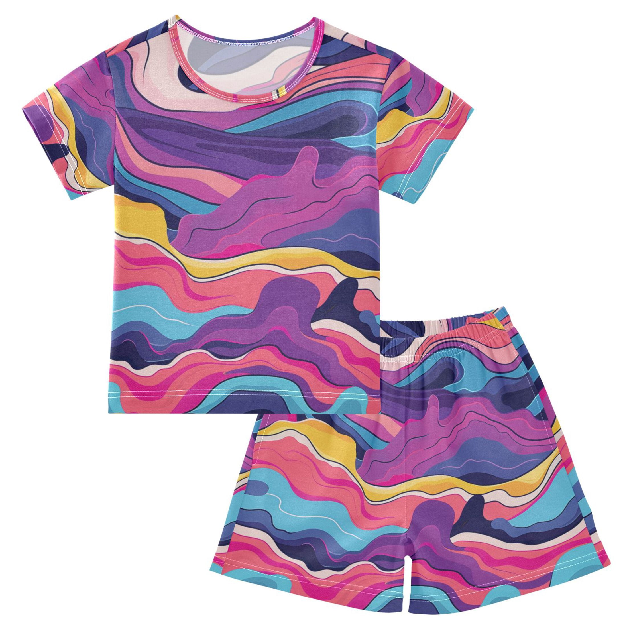 Bright Color Waves Pajamas Set Short Sleeves Sleepwear Top with Shorts ...