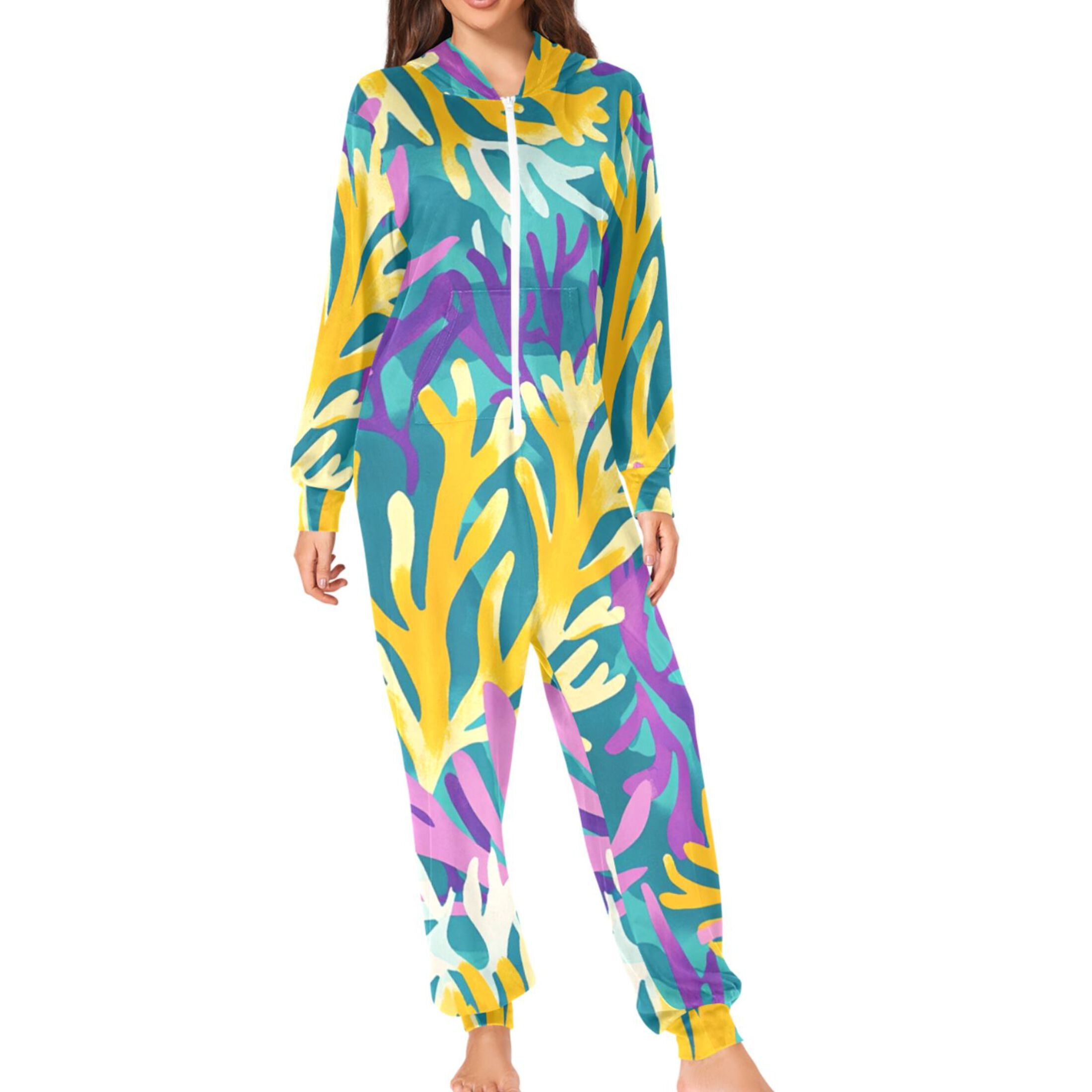 Bright Colored Corals Adult's Hoodie Onesie Jumpsuit One-Piece Pajamas ...