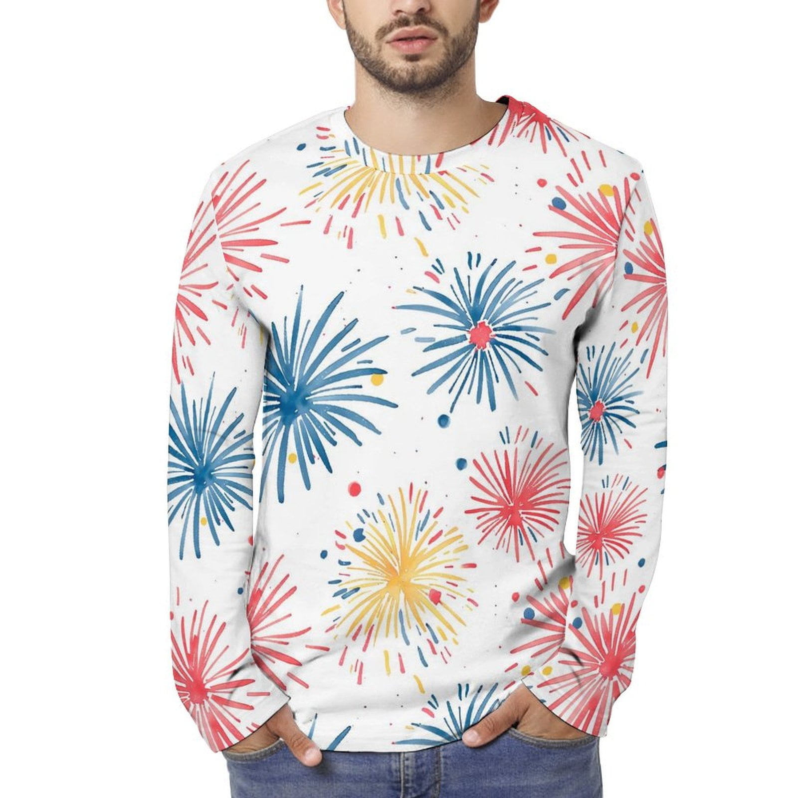 Bright Colorful Celebration Pattern Long Sleeve T Shirts for Men, Crew ...