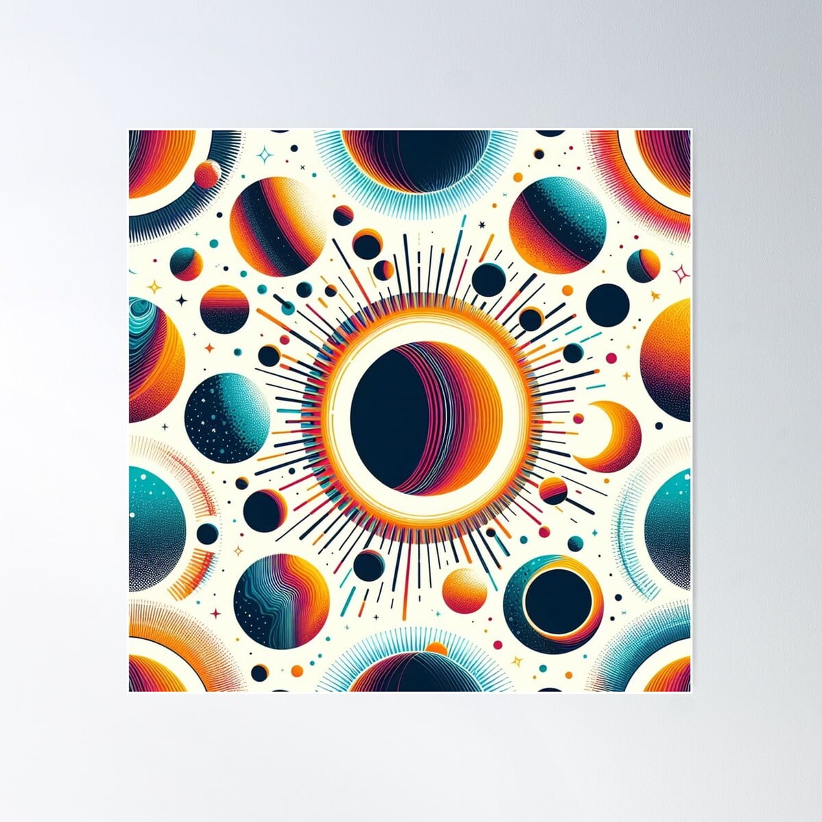 Bright Colorful Celestial Eclipse Drawing Illustration Mid Mod 6 Poster ...