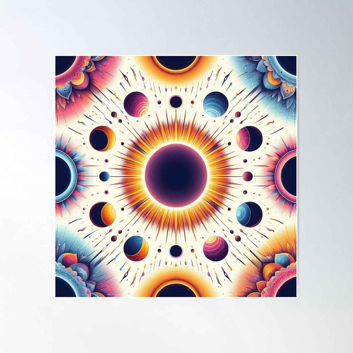 Bright Colorful Celestial Eclipse Drawing Illustration Mid Mod 7 Poster ...